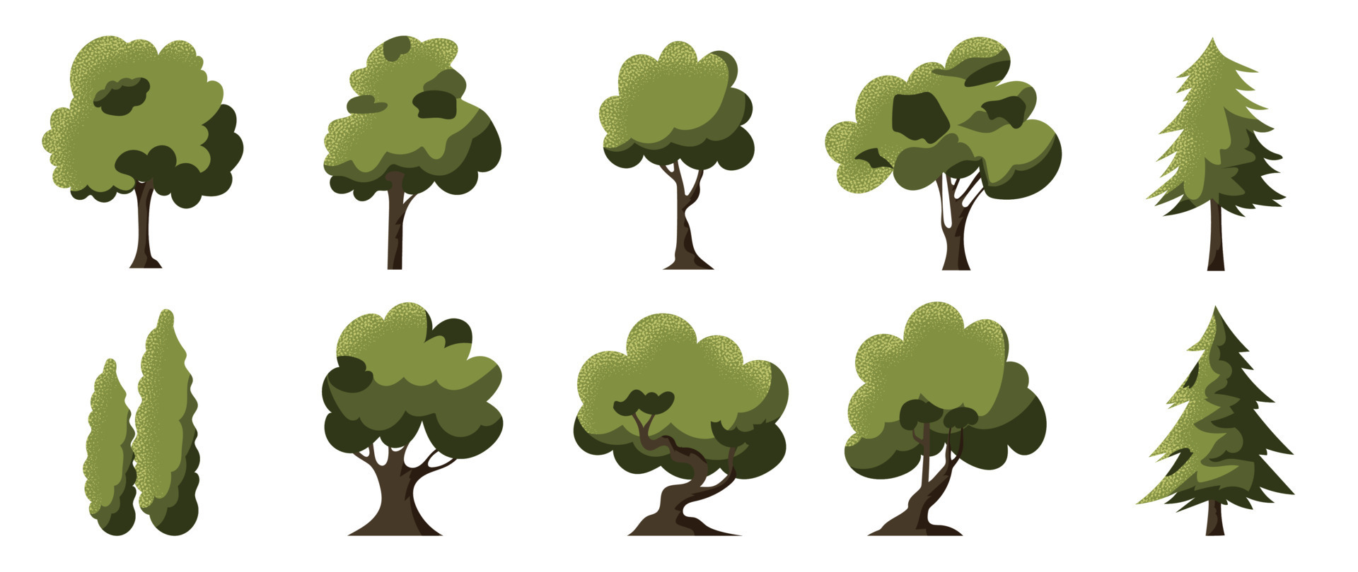 Set of cartoon trees vector. Simple modern style flat forest, jungle ...