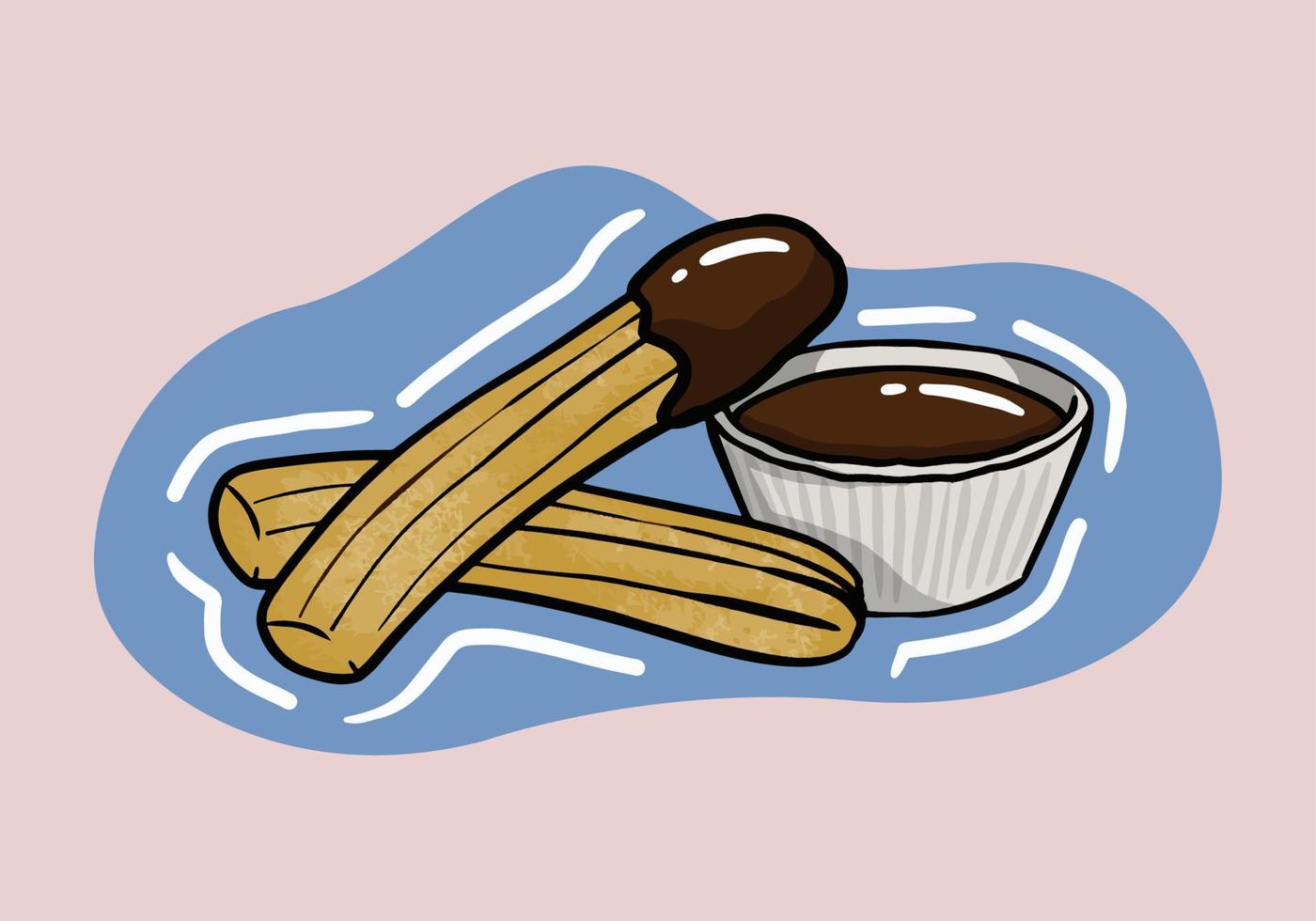 Mano Dibujado Churros Ilustración De Tradicional Español Dulce Postre Y Chocolate Inmersión