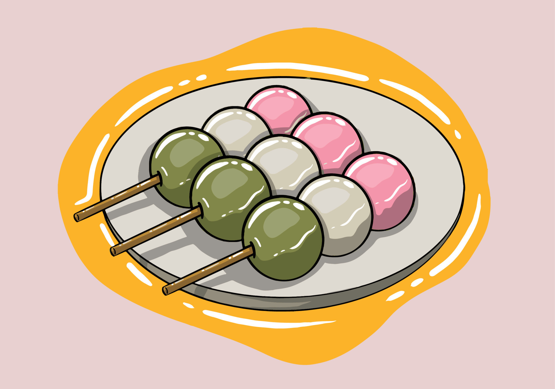Japanese Spring Dango. Three-color dumplings dangos. Traditional Japanese dessert. Hand drawn ...
