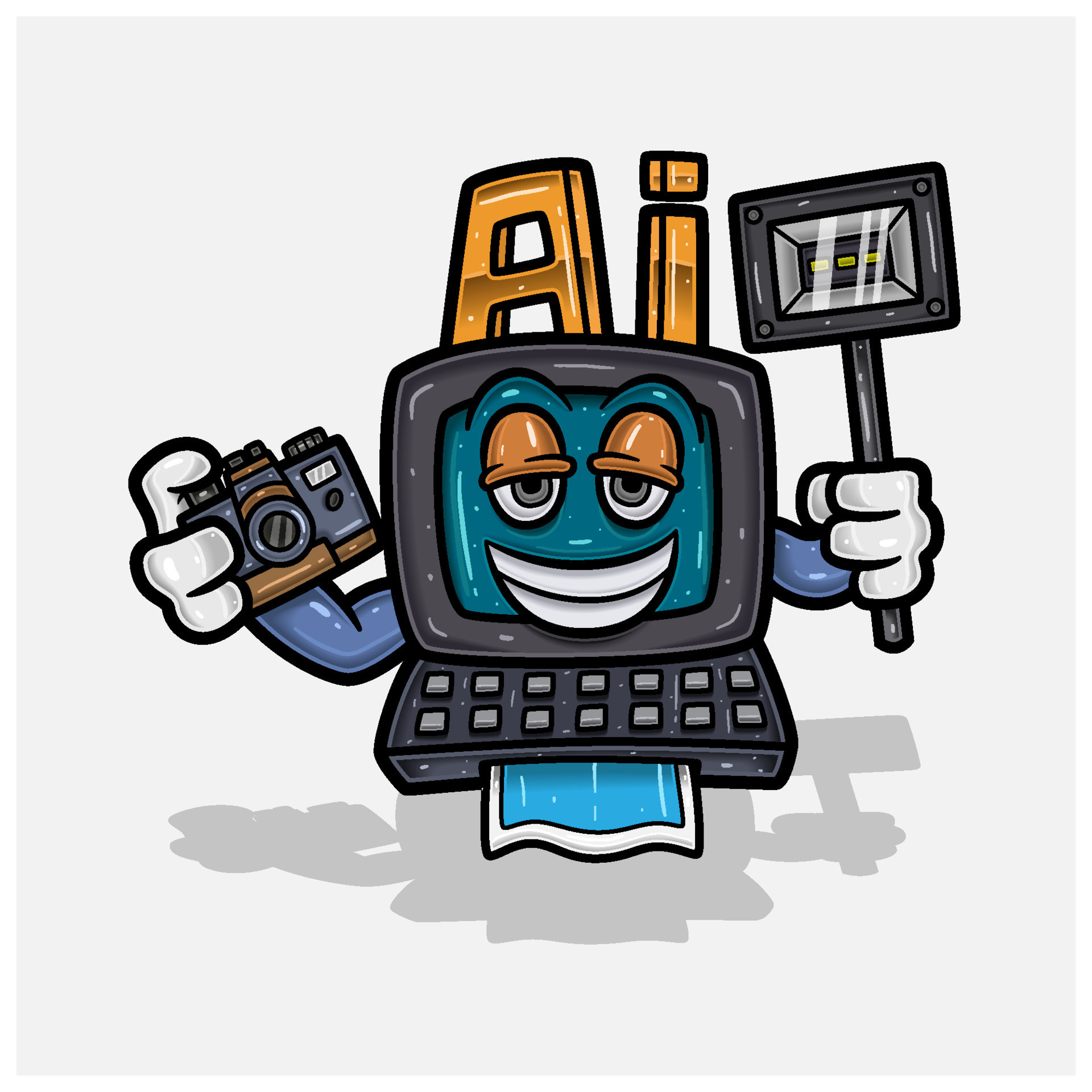 Computer AI Cartoon Character Holding Camera And Flash. With Simple ...