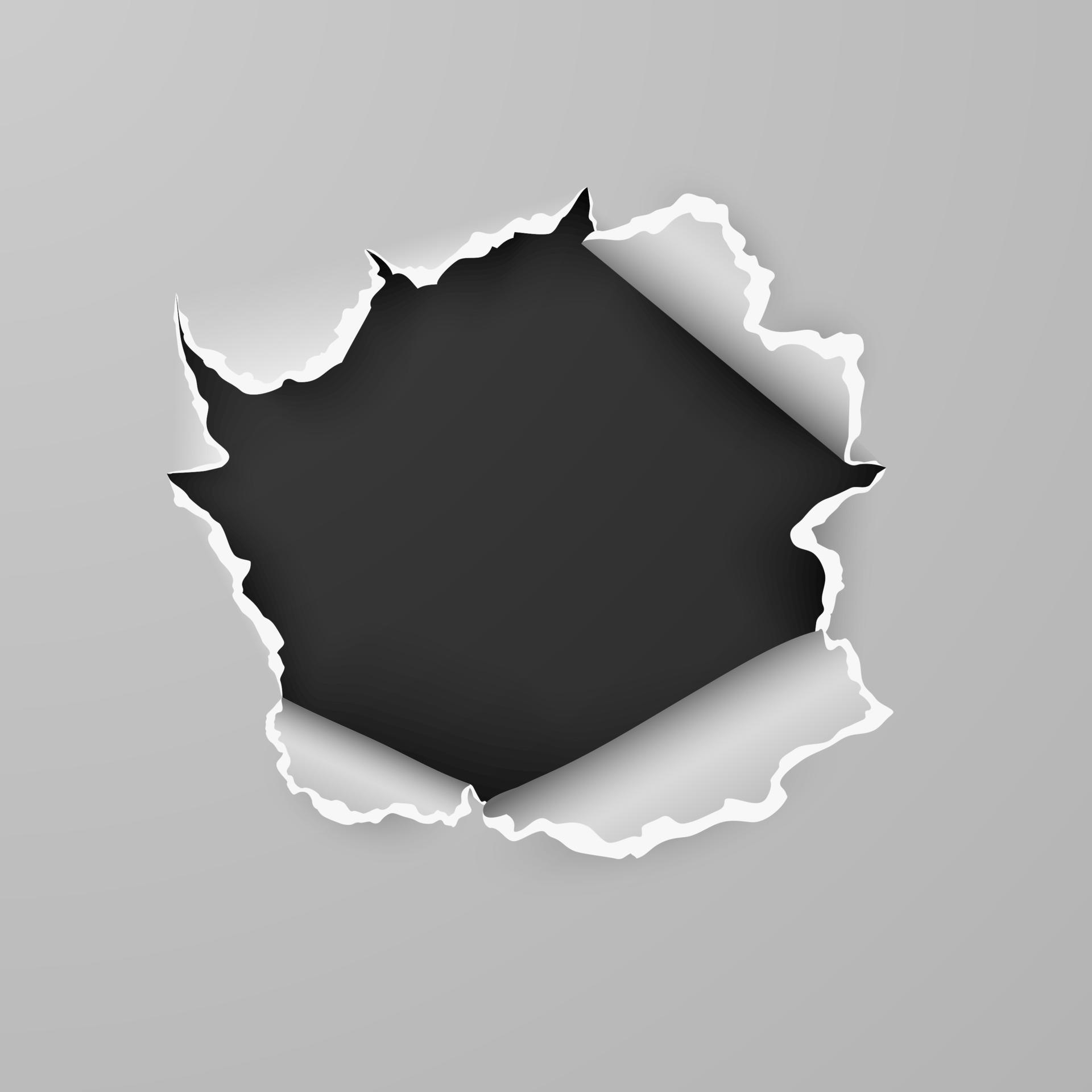 Torn hole in sheet of paper with black background with space for text ...