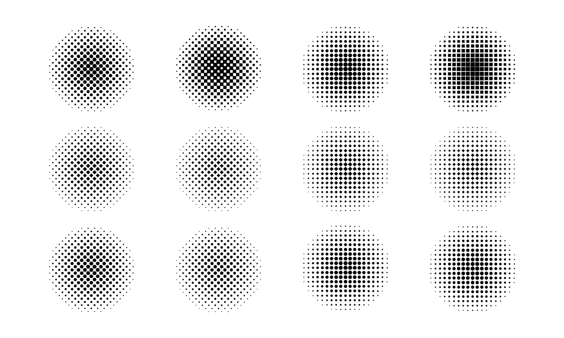 Halftone dots in circle frames, set of round dots pattern geometric ...