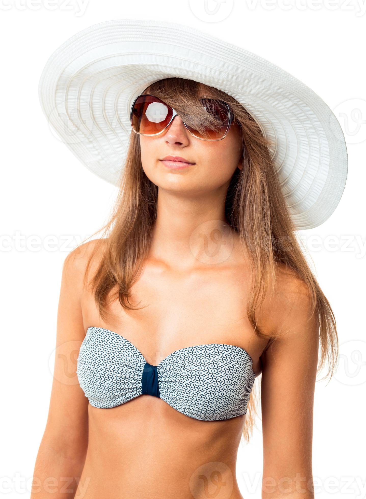 Portrait Of A Beautiful Young Woman Posing In Bikini Hat And