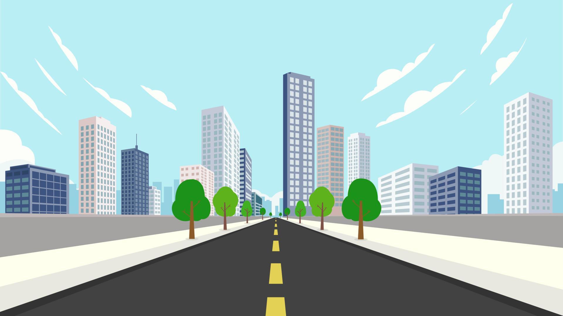 Street road to city.cityscape with sky background vector illustration ...