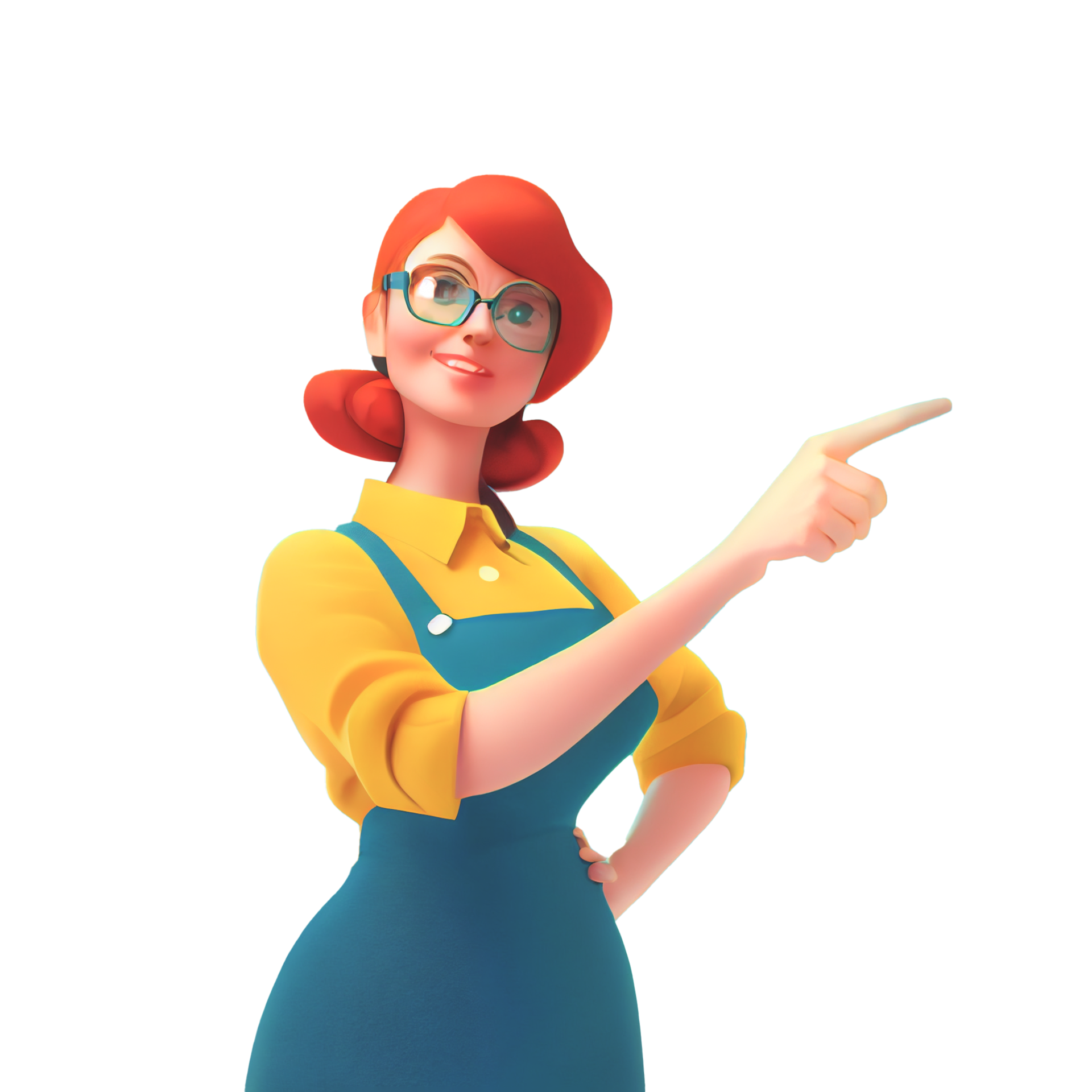 Smiling funny casual redhead girl in glasses wearing blue apron, yellow t-shirt showing you way ...