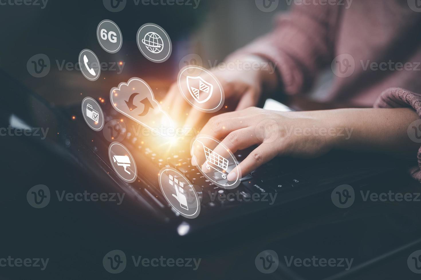 Hand Using Laptop With Touch Connect To Data Information On The Cloud