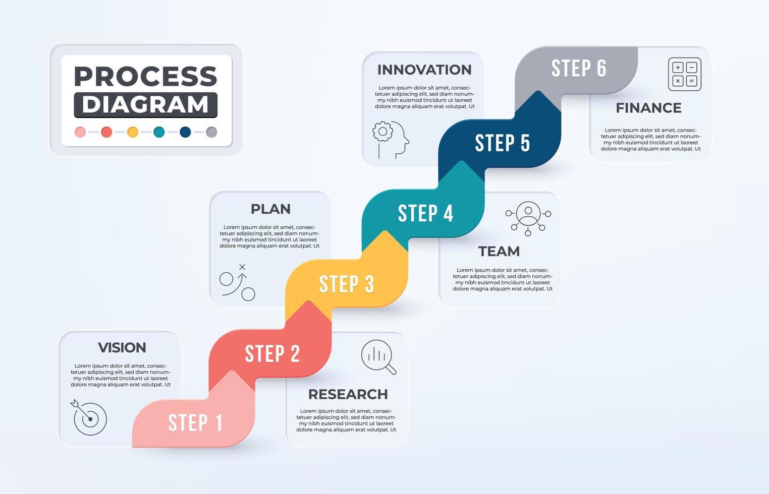 Process diagram infographic with 6 business icon. Step up to goal ...