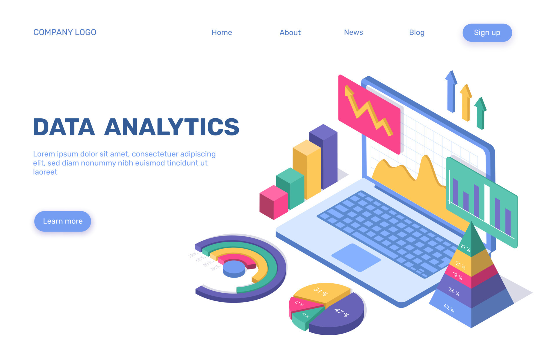 Data analytics landing page. 3d isometric business statistical analysis ...