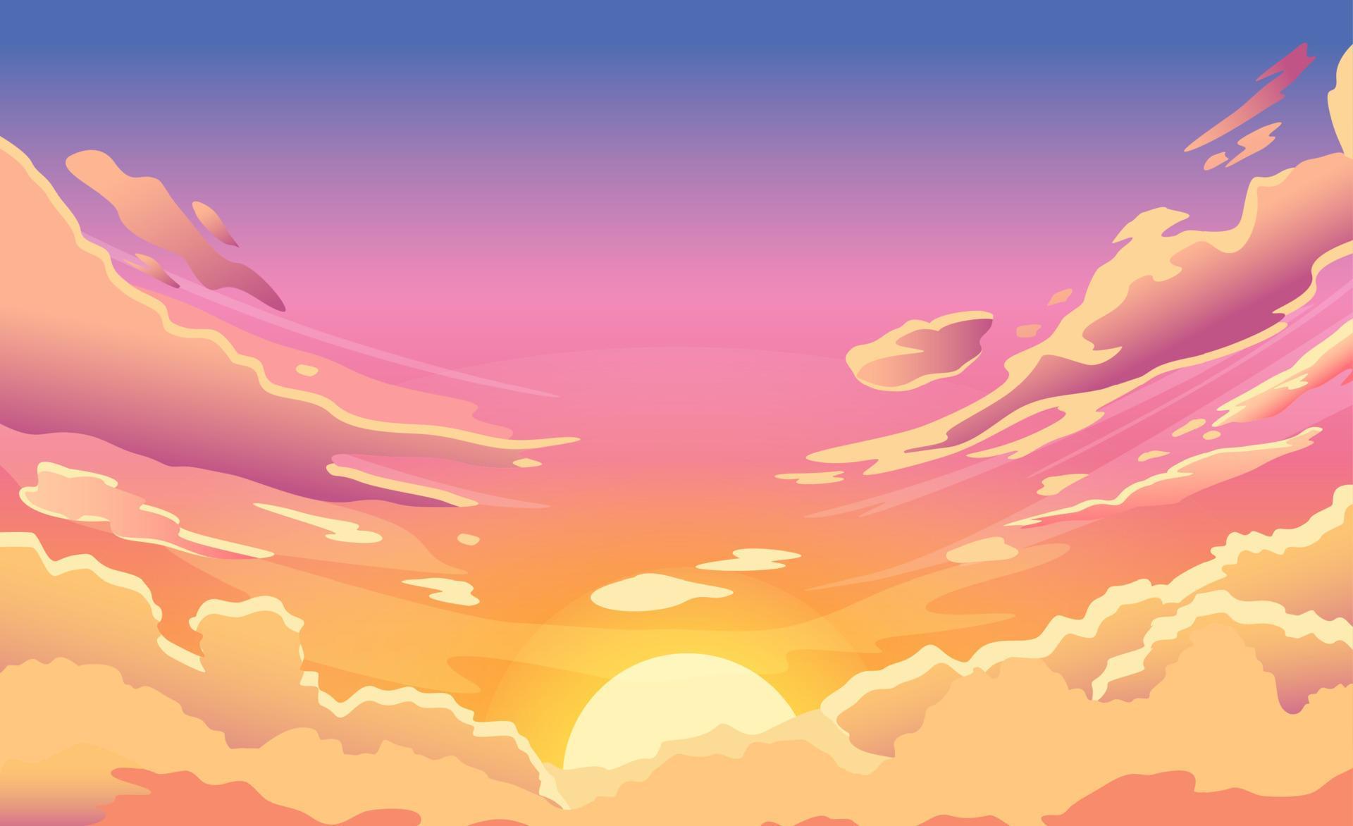 Sunset sky. Cartoon summer sunrise with pink clouds and sunshine, evening cloudy heaven panorama ...