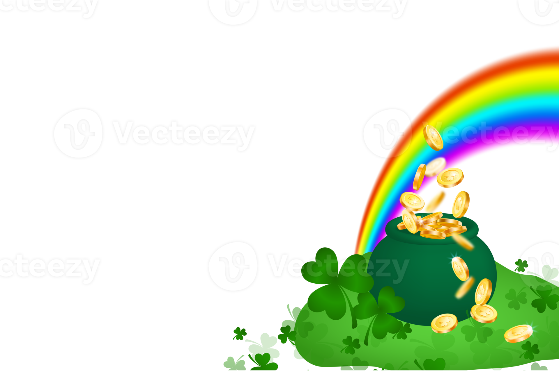 Pot of gold coins with magic rainbow on transparent background. St ...