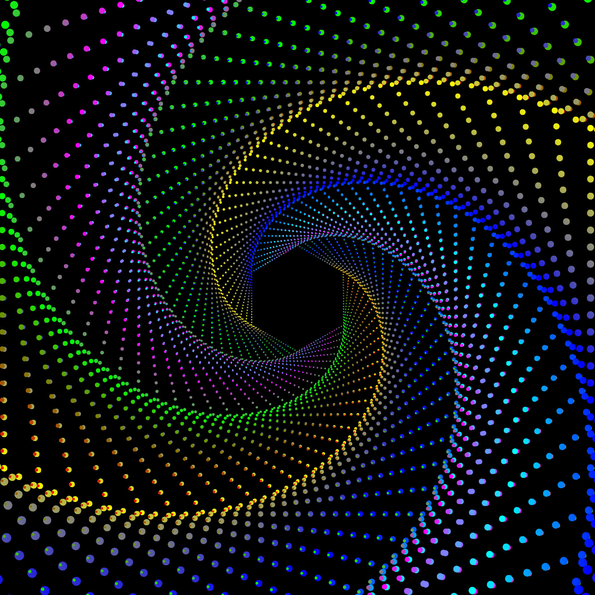 Colorful dotted spiral vortex wave vector background. Blue, yellow, green, cyan, and pink swirl ...