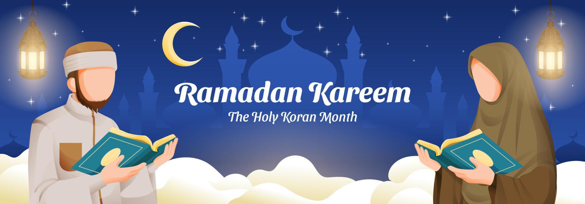 Muslim Man And Woman Reading Quran In Ramadan Kareem Illustration 2