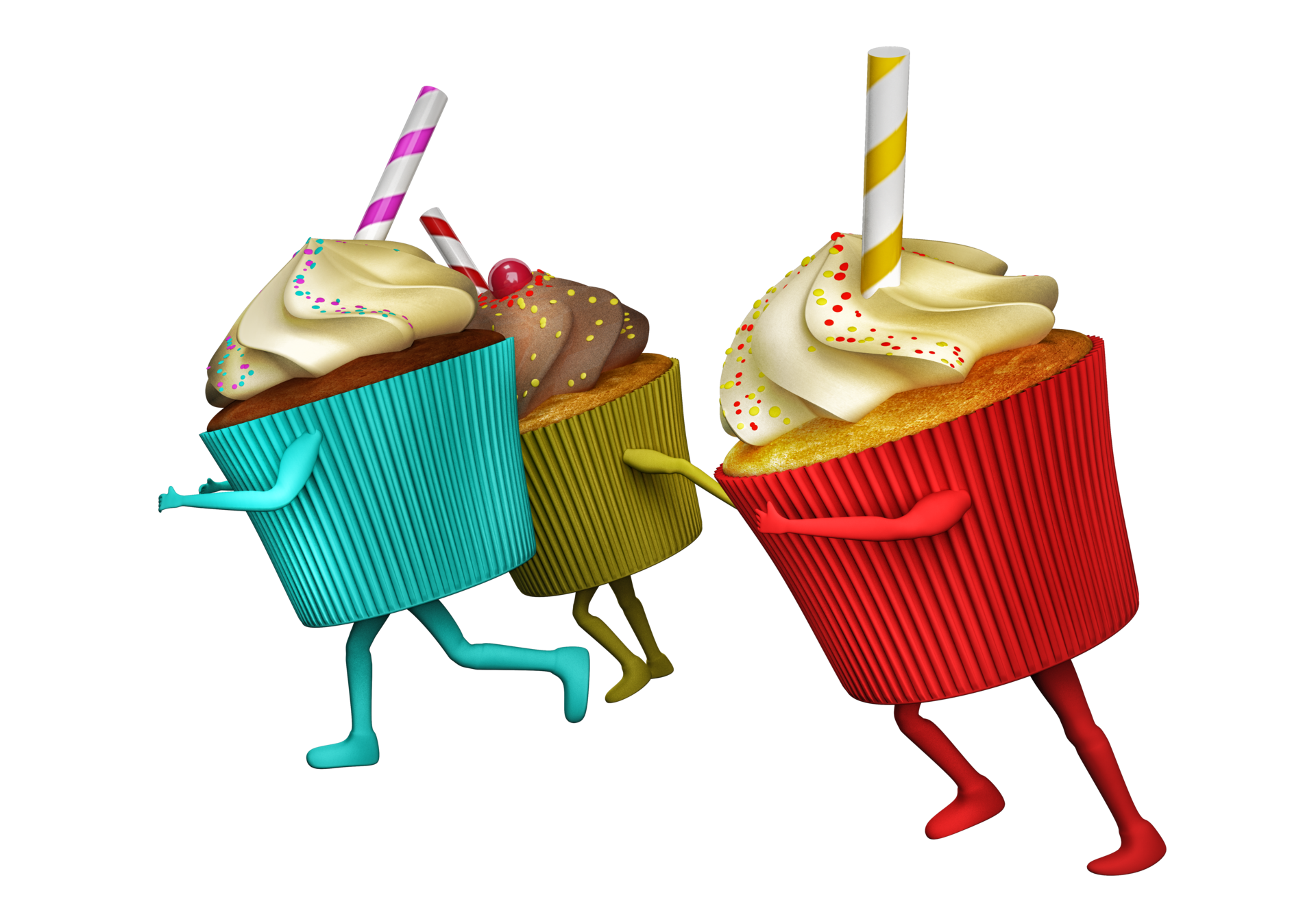 Fat Cupcake With Cream And Candies Run With Legs And Arms 3d Rendering fat-cupcake-with-cream-and-candies-run-with-legs-and-arms-3d-rendering