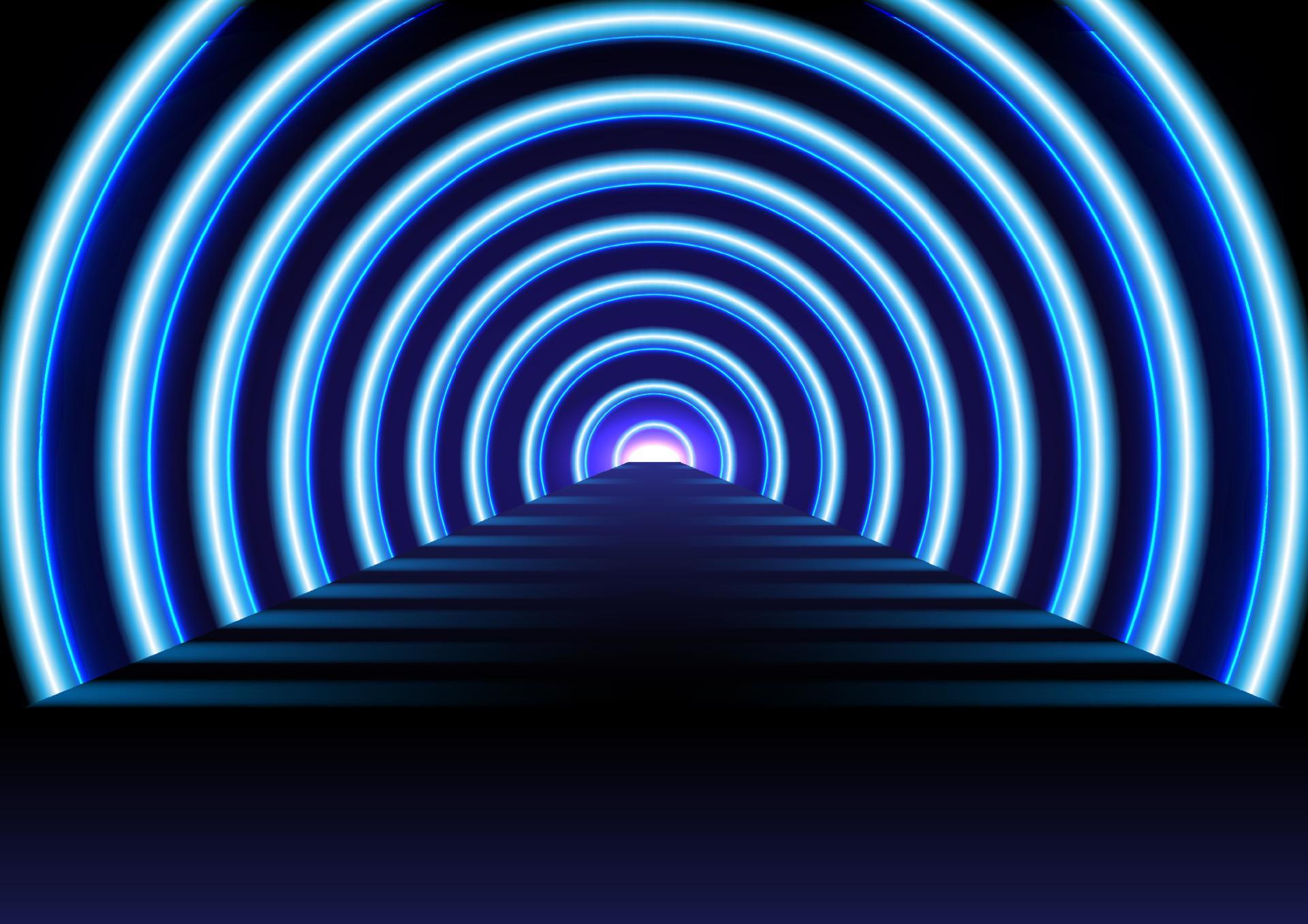 Abstract Technology Background Blue Glow Tunnel Perspectives and roads with glowing lines at the ...