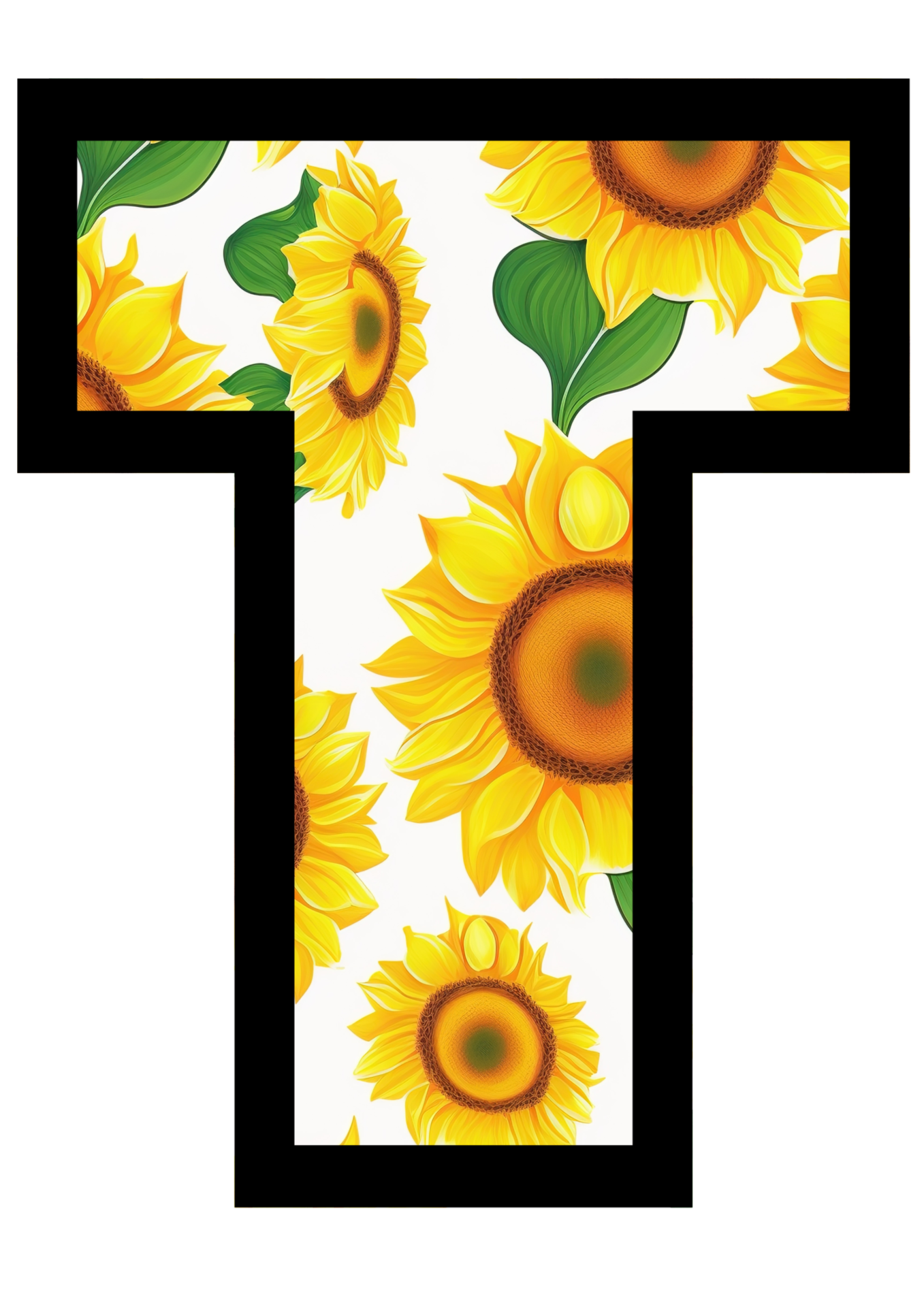 Sunflower Floral Alphabet Letter T With Yellow Sunflower Pattern