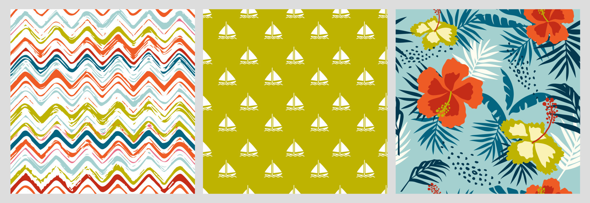 Set of Hand drawn tropical flowers, polka dot, stripe, abstract ...