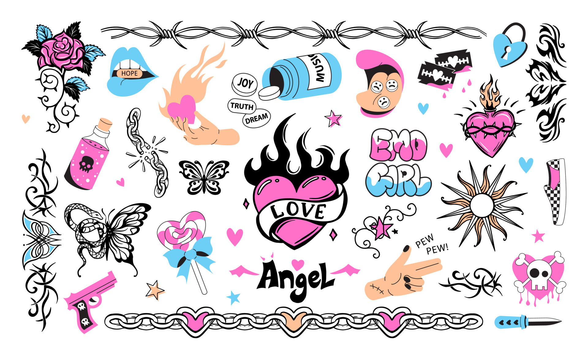 A Set Of Temporary Transferable Retro Tattoos Girl Emo Style Heart