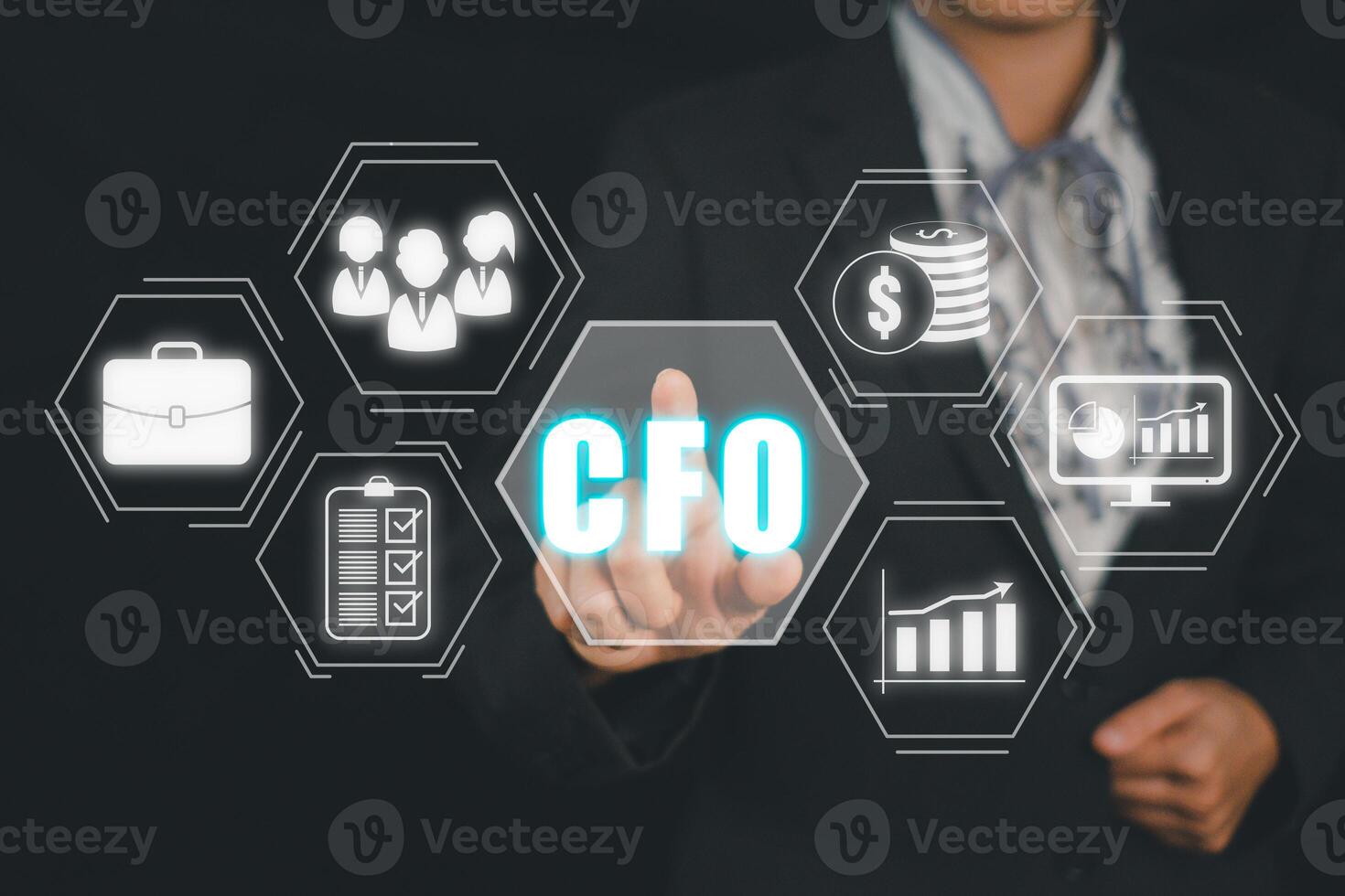 CFO , Chief Financial Officer business concept, Business woman hand touching cfo icon on virtual ...