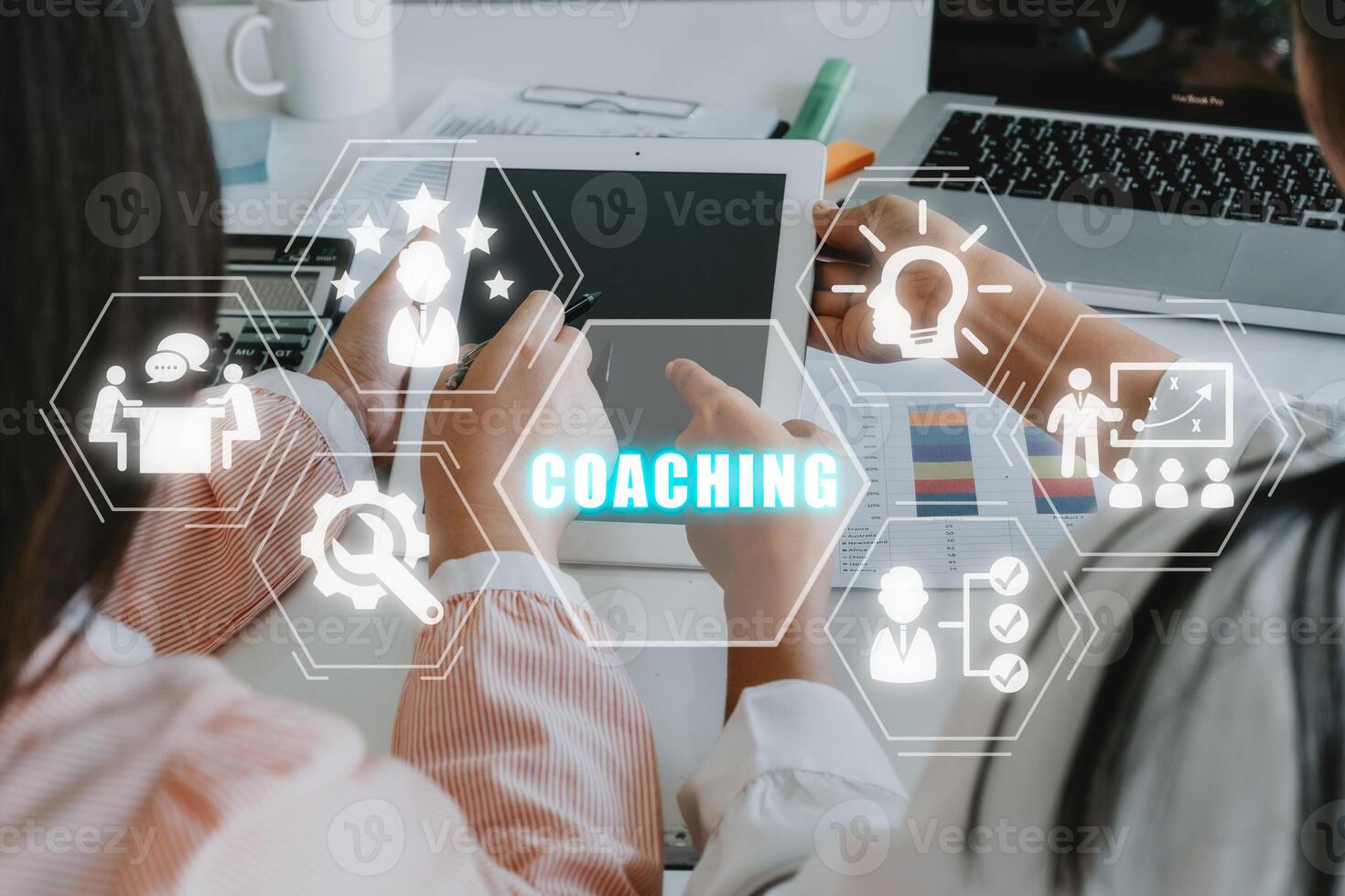 Coaching concept, Business person team working on laptop computer with ...