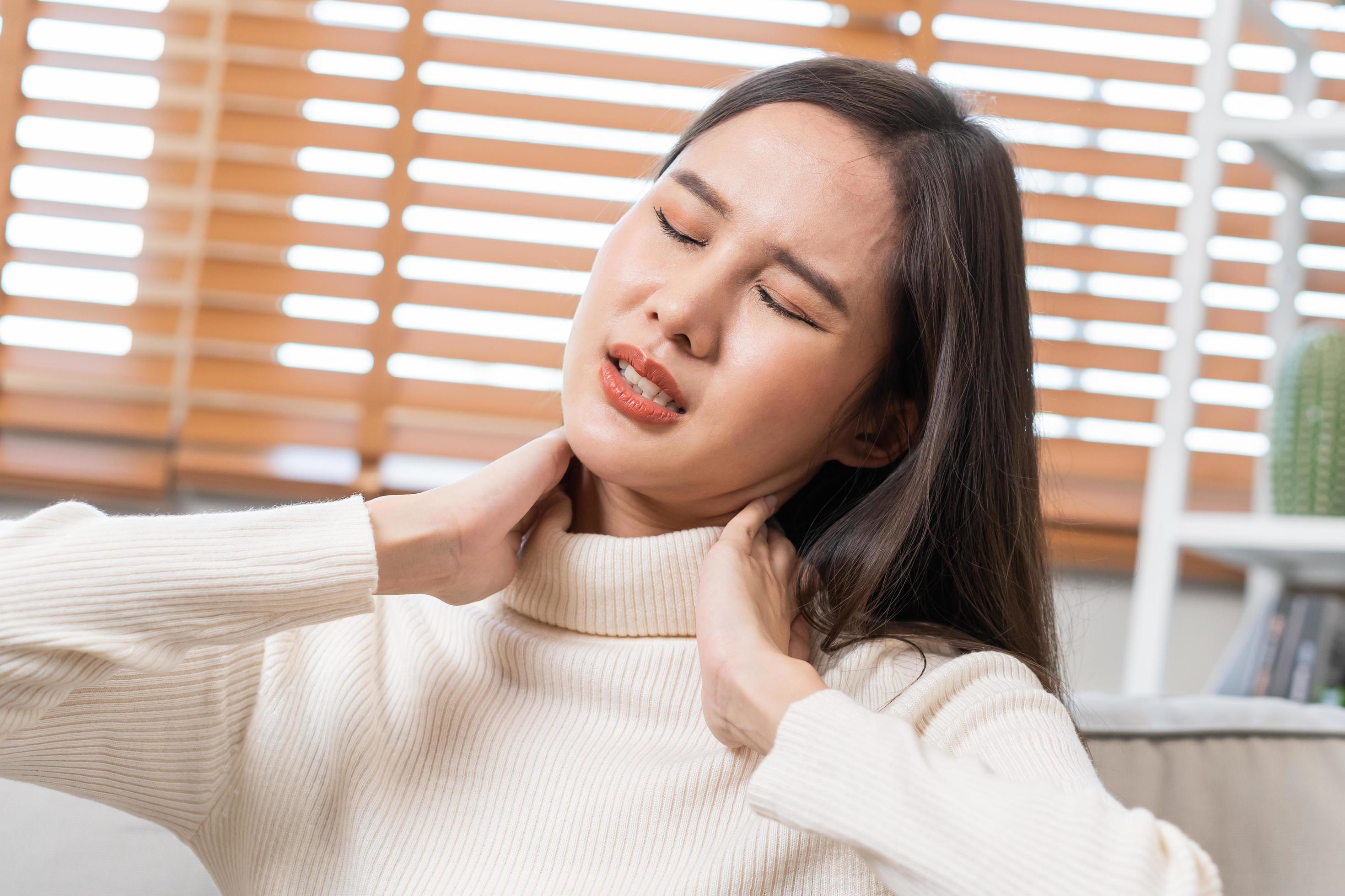 Body muscles stiff problem, asian young attractive woman, girl pain with neck pain ache from ...