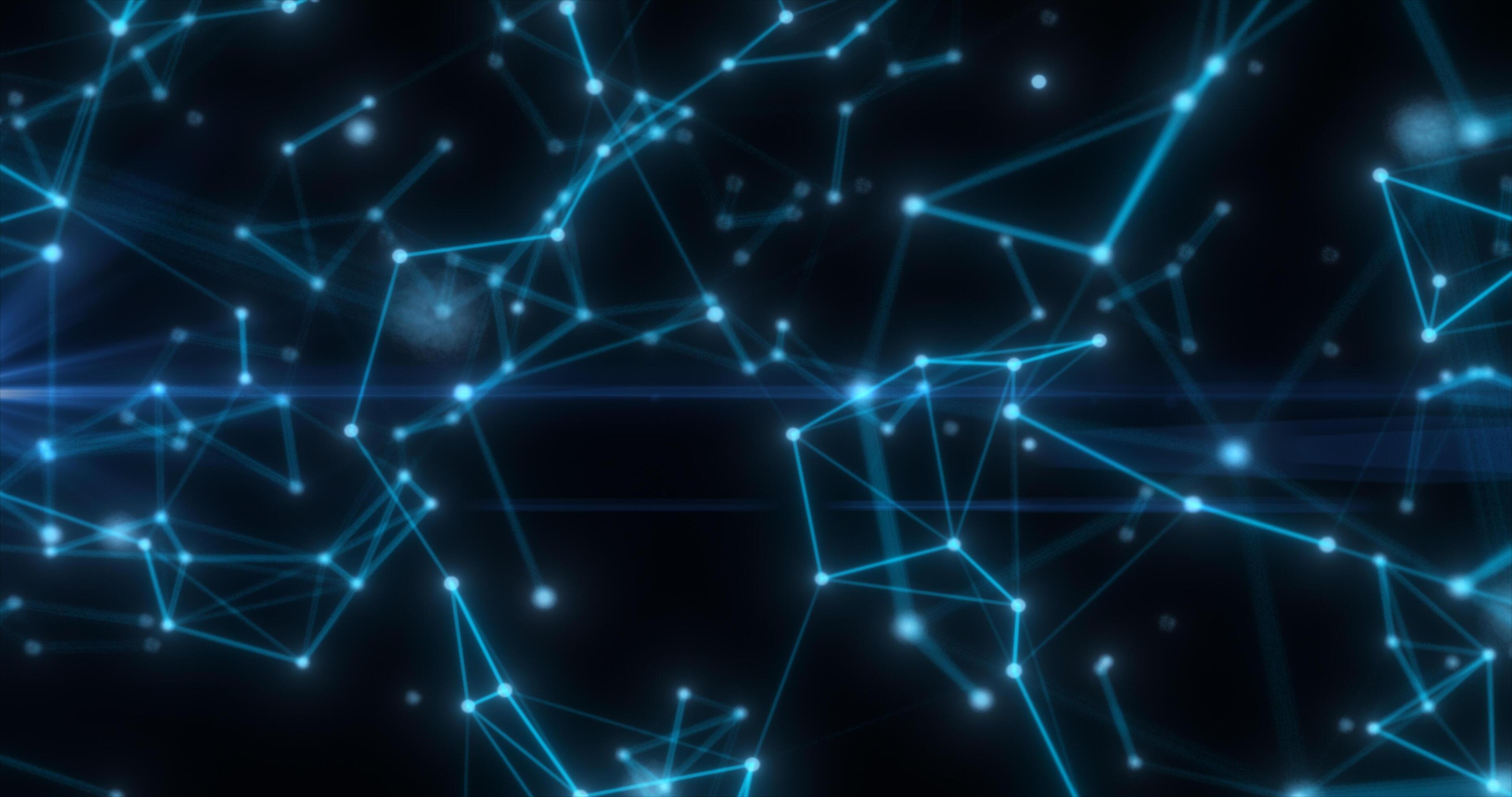 Abstract high tech blue glowing lines with dots and plexus triangles, abstract background ...