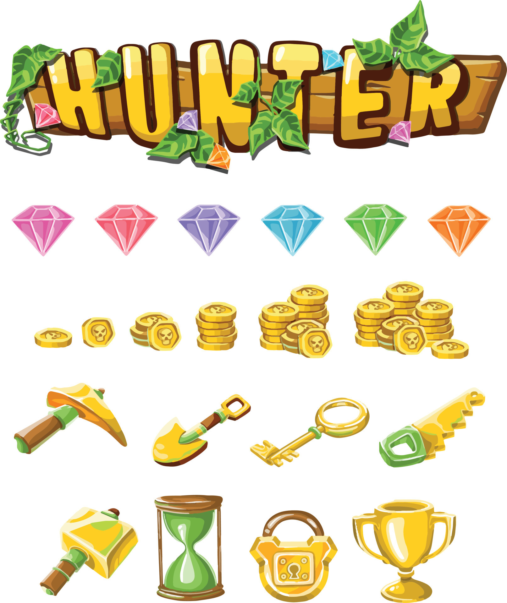 Cartoon game interface. Wooden elements and pop-up menus, buttons and ...