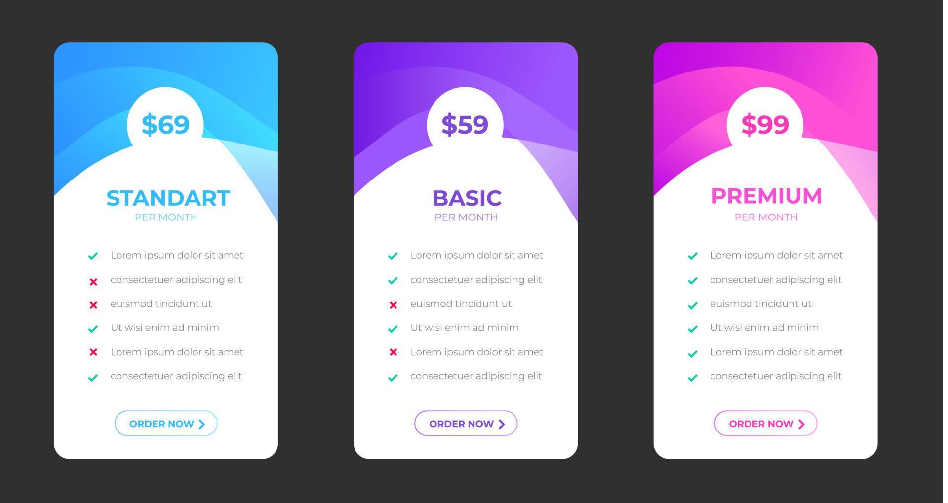pricing plans table and pricing chart Price list for web or app. Ui UX pricing design tables ...