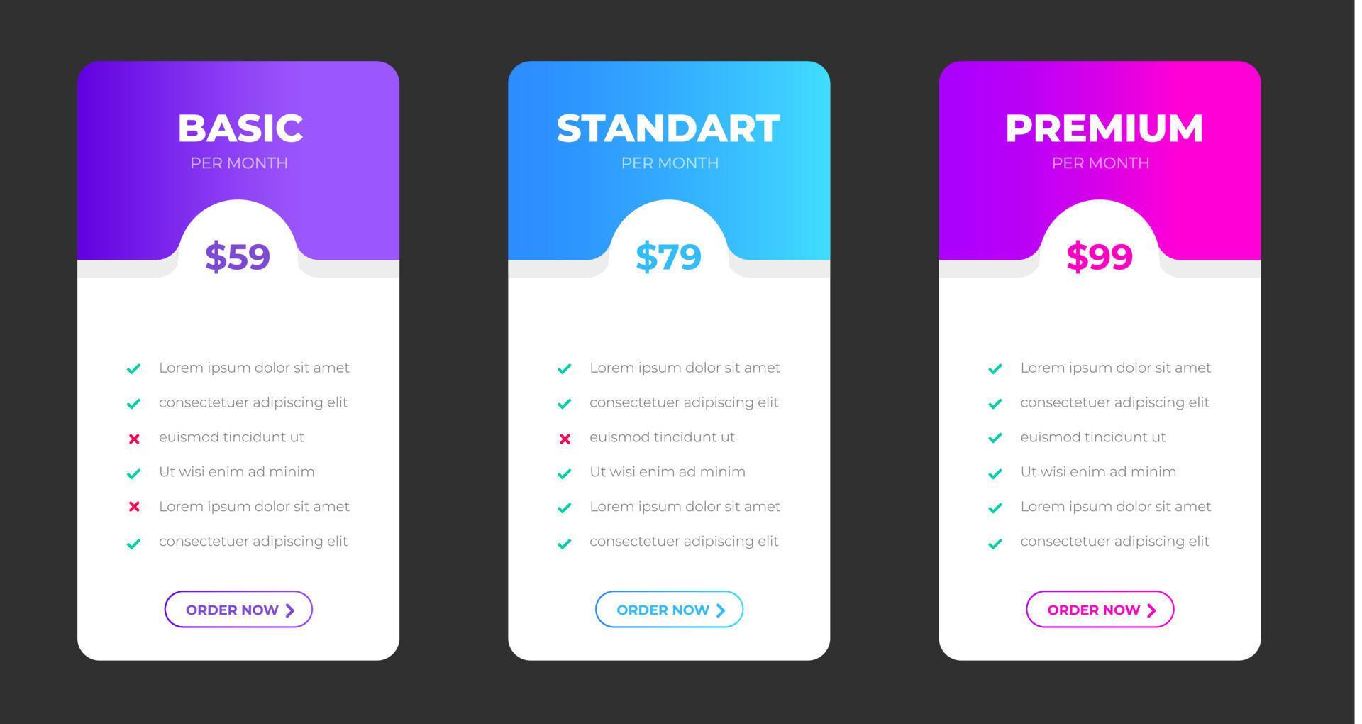 pricing plans table and pricing chart Price list for web or app. Ui UX pricing design tables ...