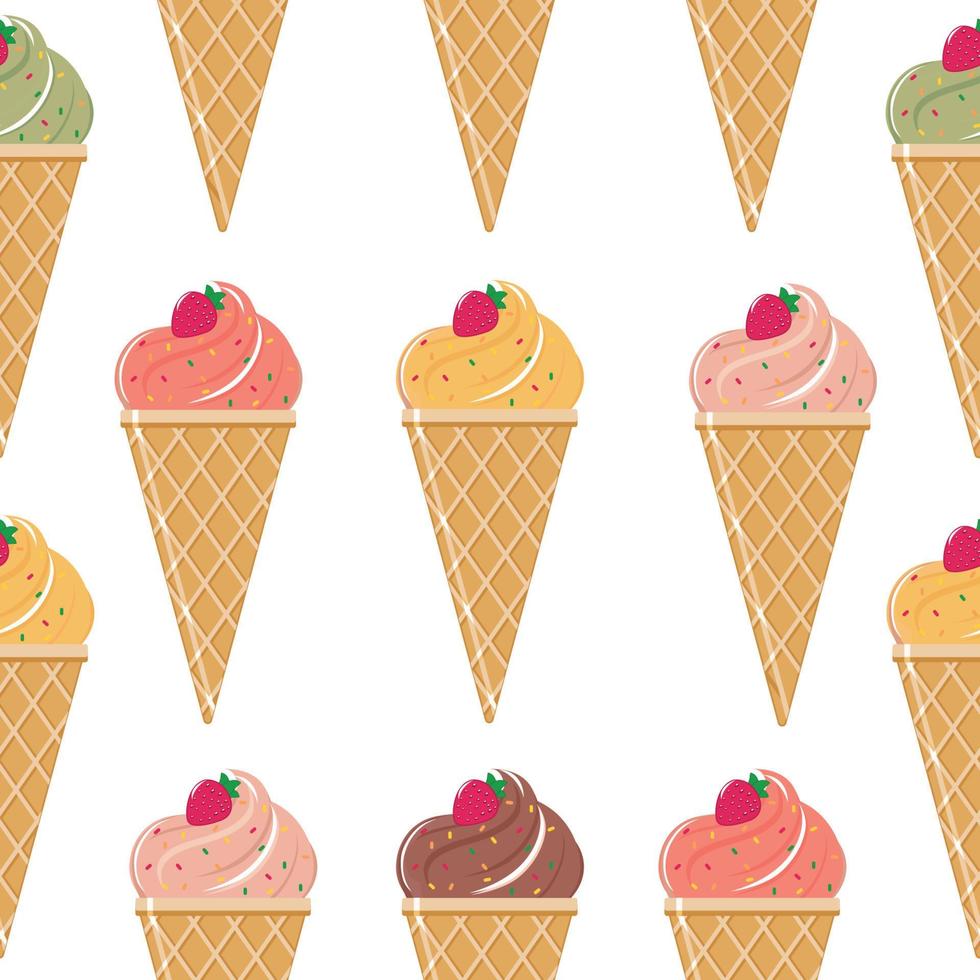 Seamless Pattern Of Ice Cream In A Waffle Cone Vector Illustration