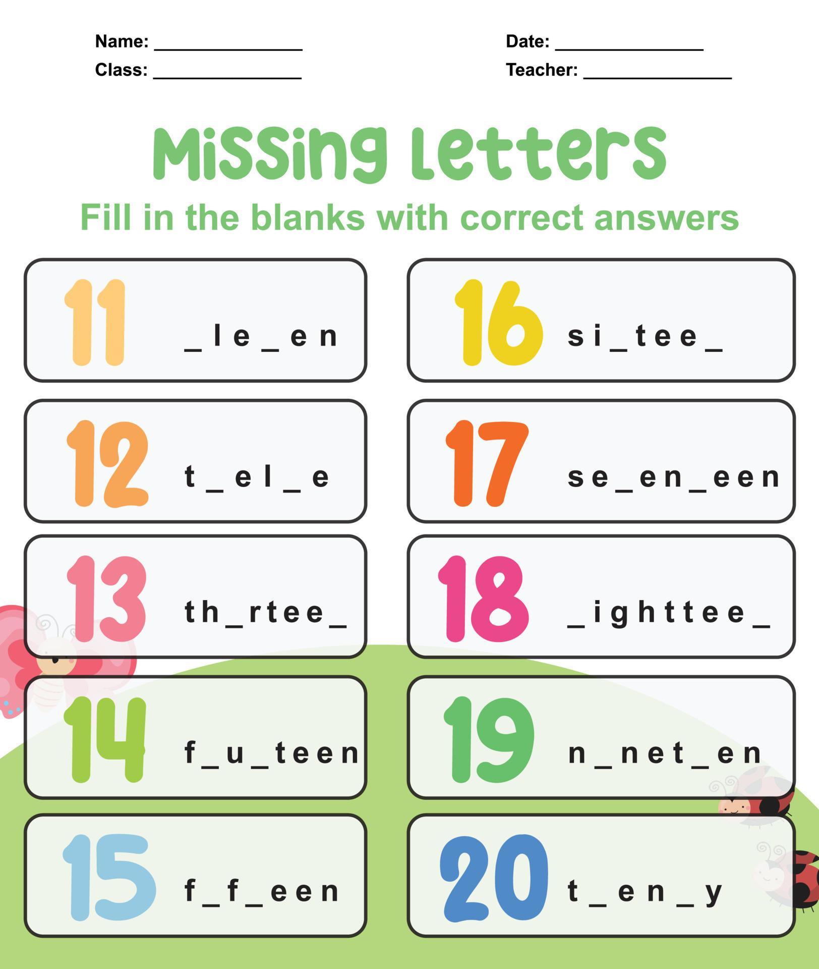 Missing letter worksheet. Complete the letters for number in English ...