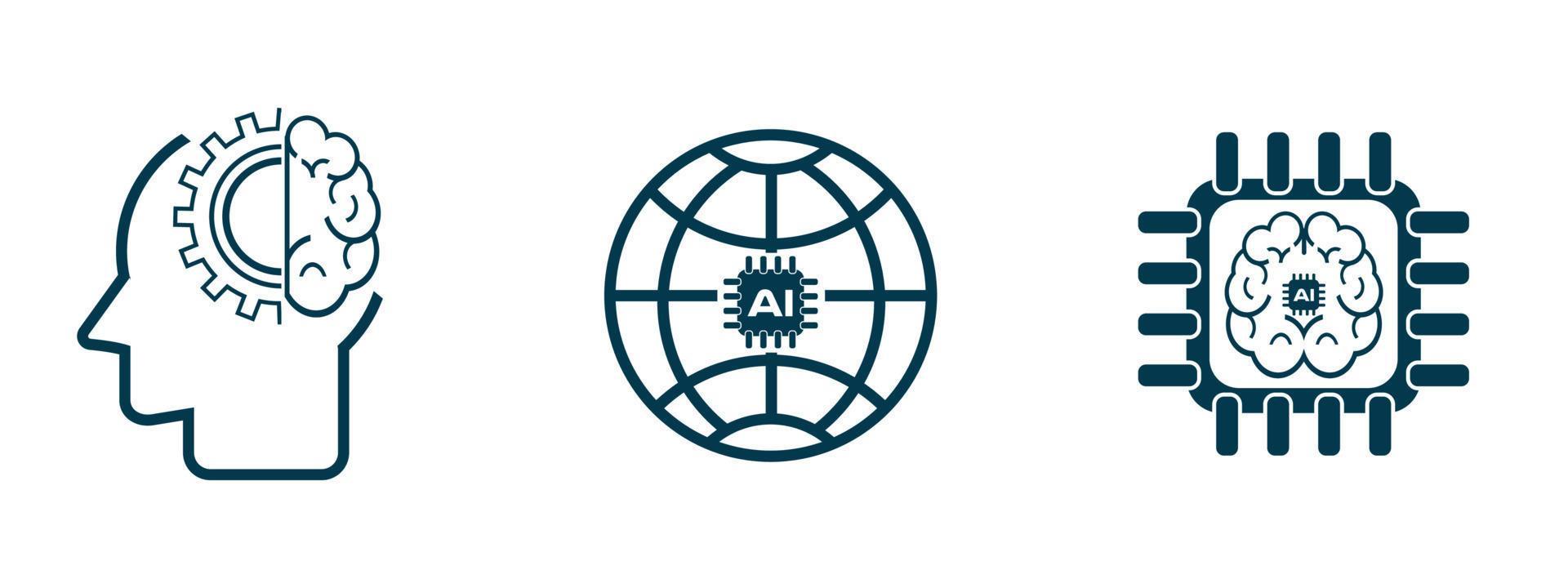 an artificial intelligence icon set of three lines style, machine ...