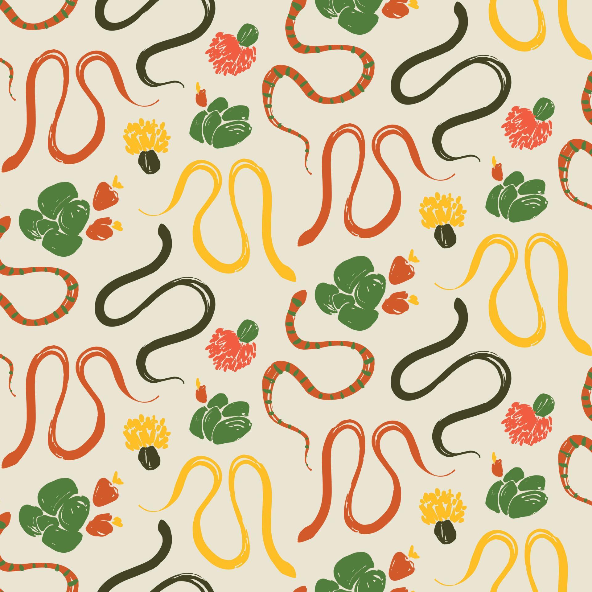 Seamless pattern with snakes and cacti. Reptiles with desert plants ...