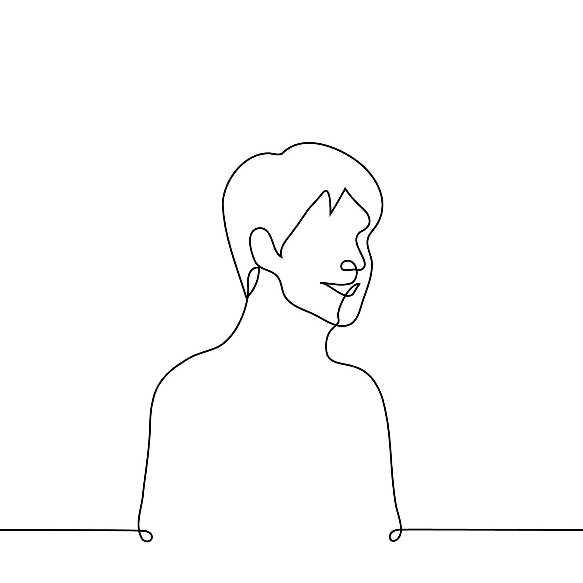 man in three-quarters portrait smiling - one line drawing vector ...