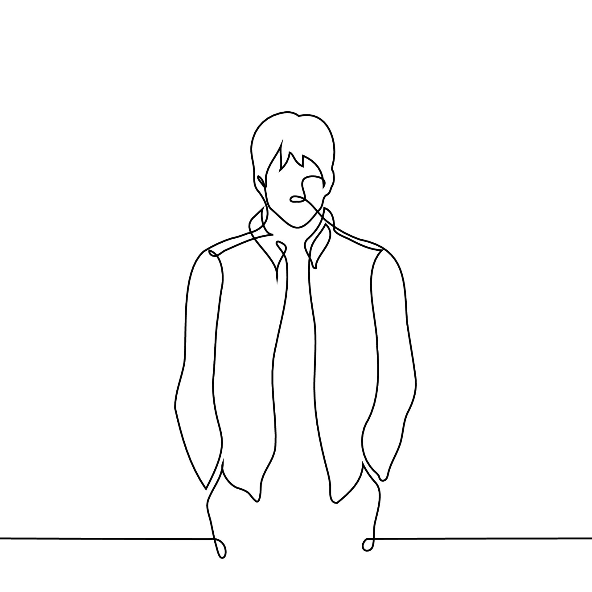 Man In Unbuttoned Jacket Stands With Hands In Pockets One Line Drawing Vector Concept Man In
