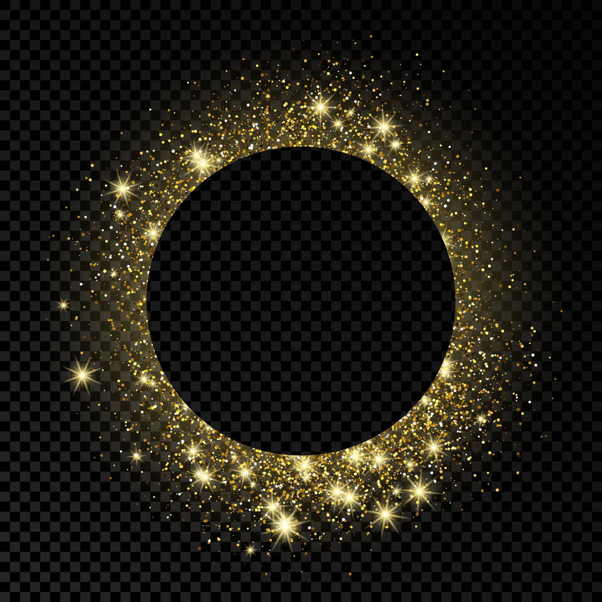 Golden circle frame with glitter, sparkles and flares on dark transparent background. Empty ...