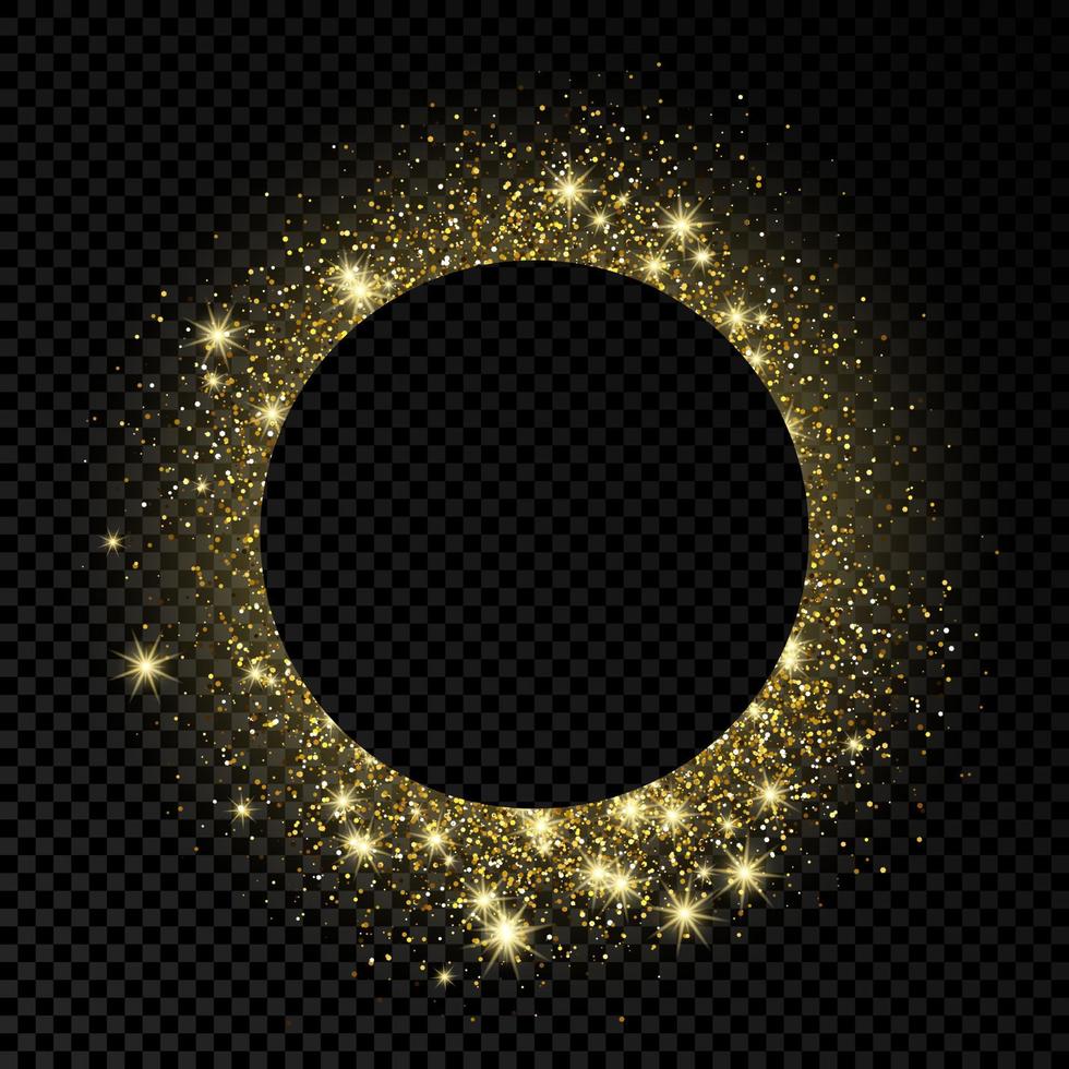 Golden circle frame with glitter, sparkles and flares on dark transparent background. Empty ...