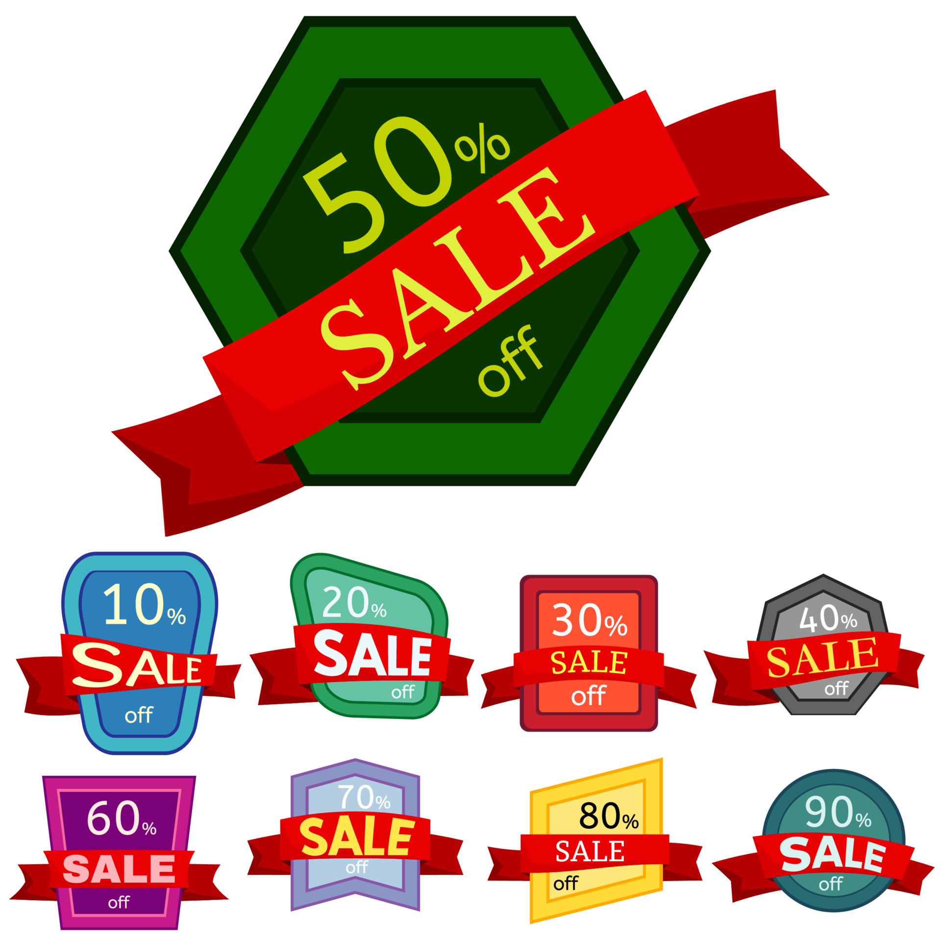 Set of different nine discount stickers. Colorful badges with red ribbon for sale 10 - 90 ...
