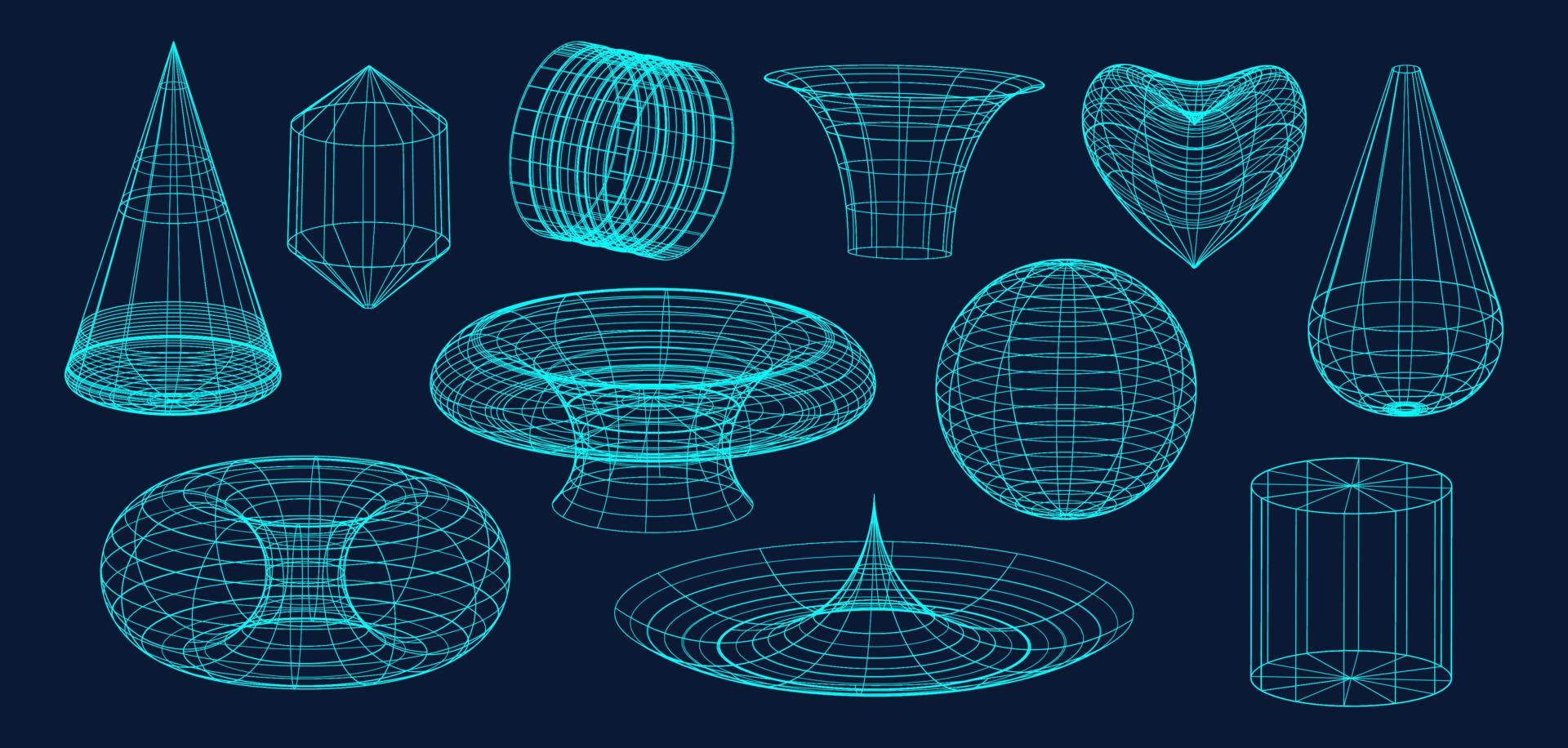 Set Of Vector 3d Geometric Wireframes Shapes Distortion And Transformation Of Figure In Neon