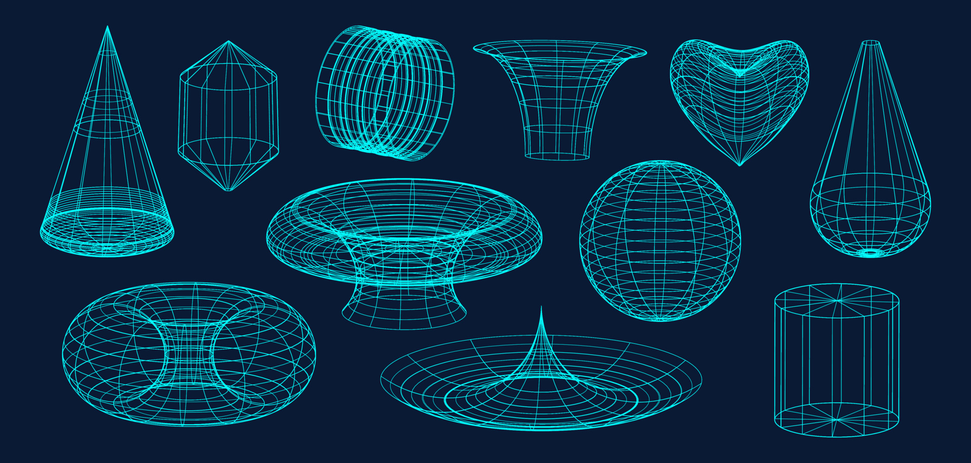 Set Of Vector 3d Geometric Wireframes Shapes Distortion And Transformation Of Figure In Neon