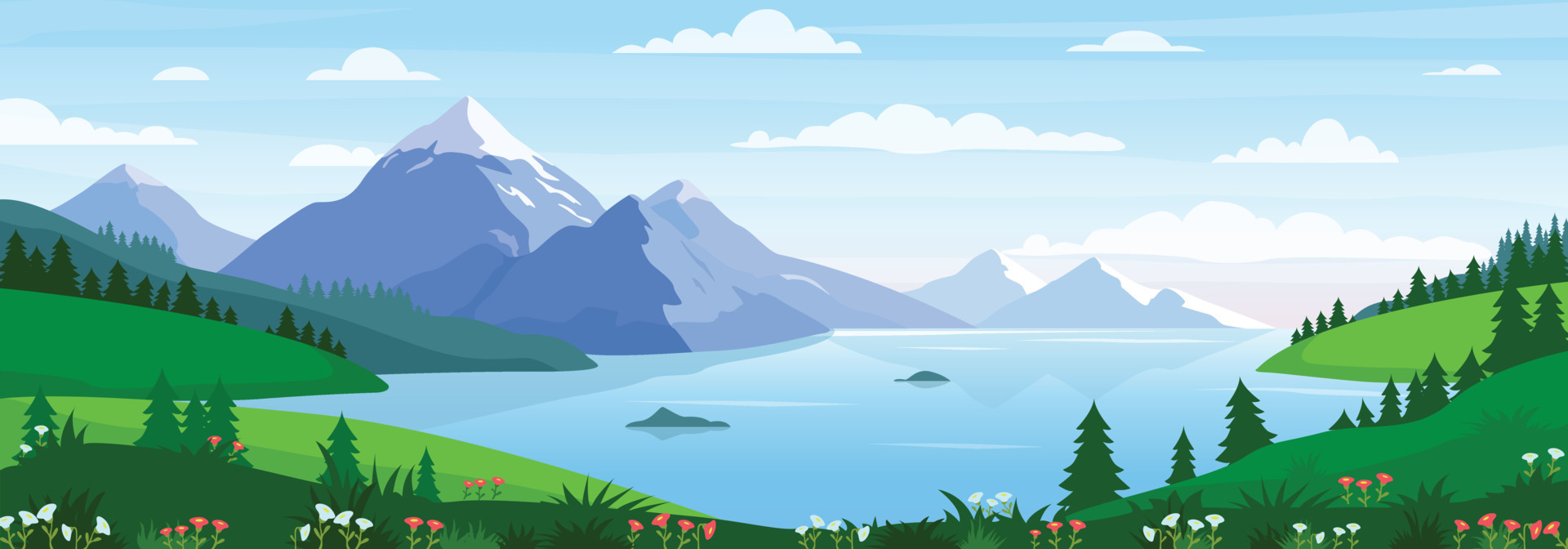 Beautiful mountain and lake landscape. Panorama of spring summer ...