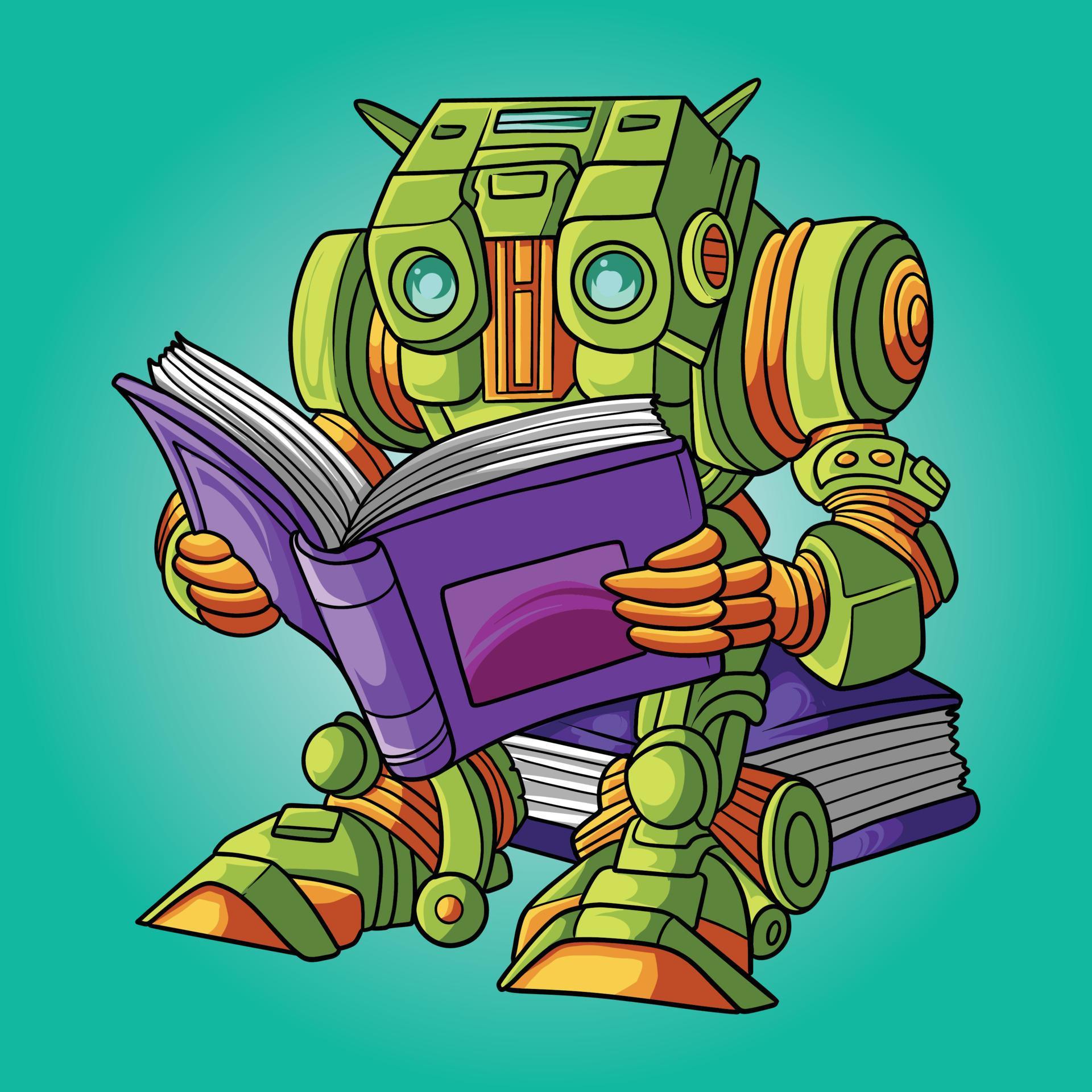 Robot Reading Book Sitting On Stack Book 21251876 Vector Art at Vecteezy
