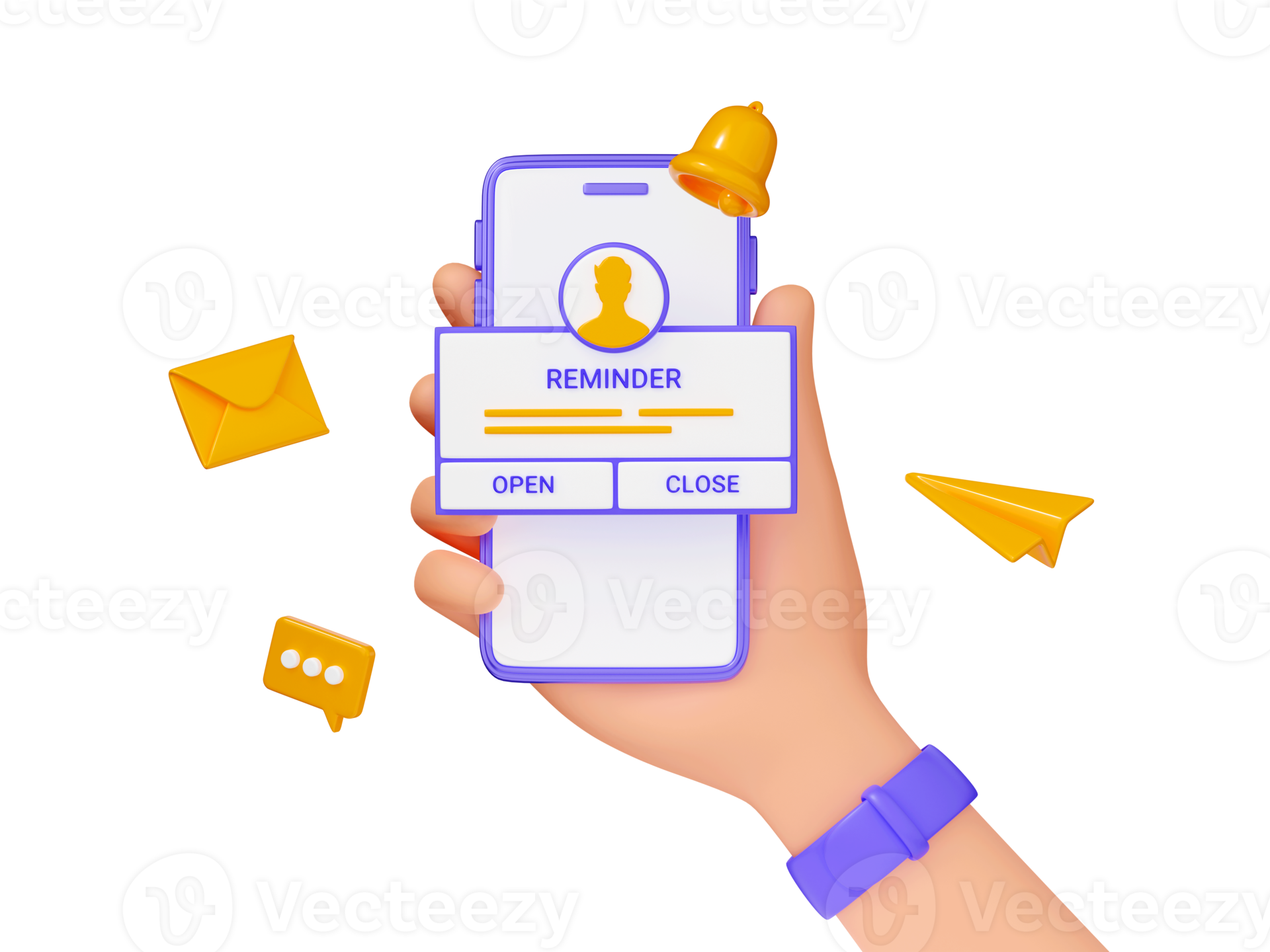 Reminder 3D render - mobile phone in hand with notification page and ...