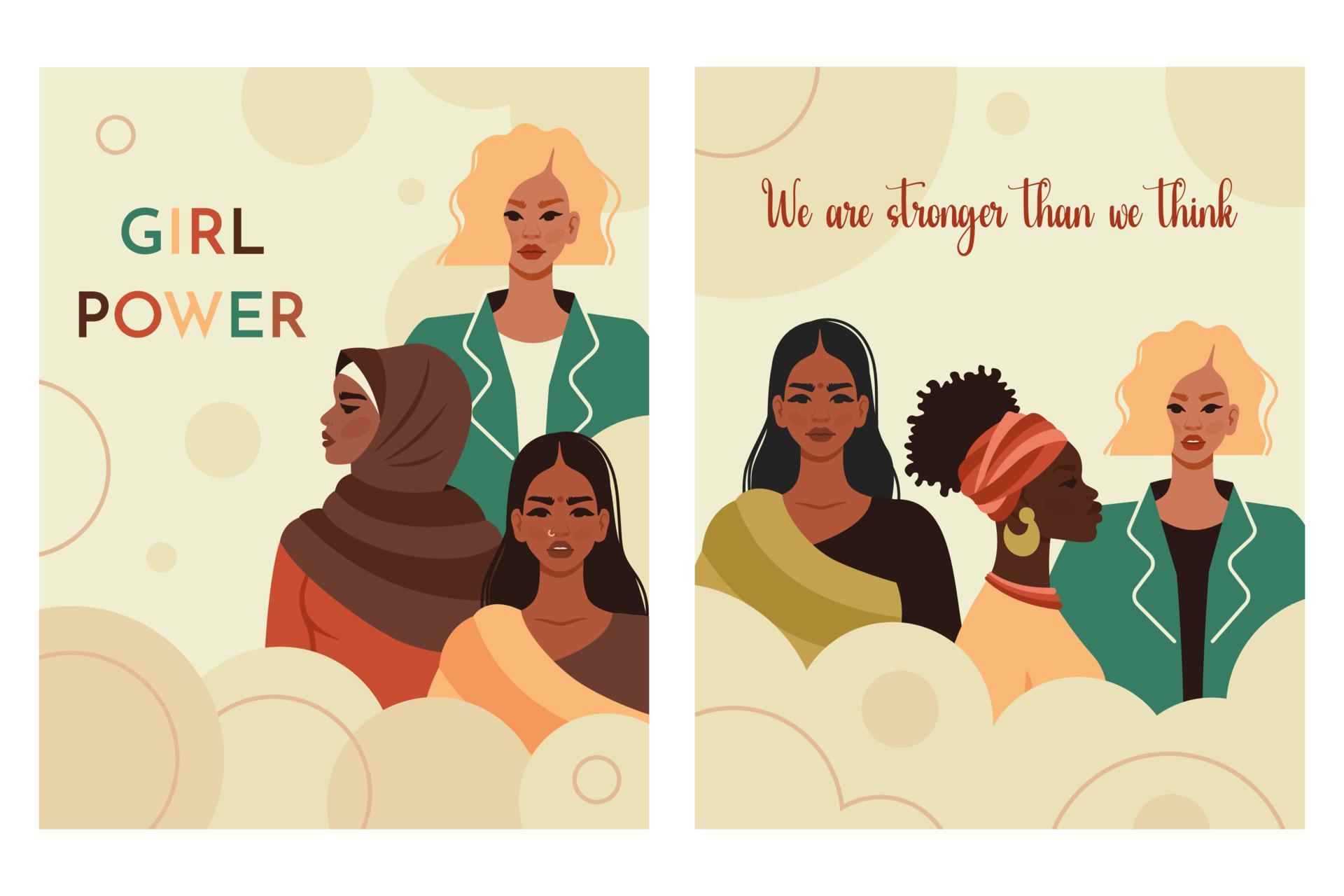 Feminist movement. Womens of different nationalities together. Girl power. Feminism, women ...