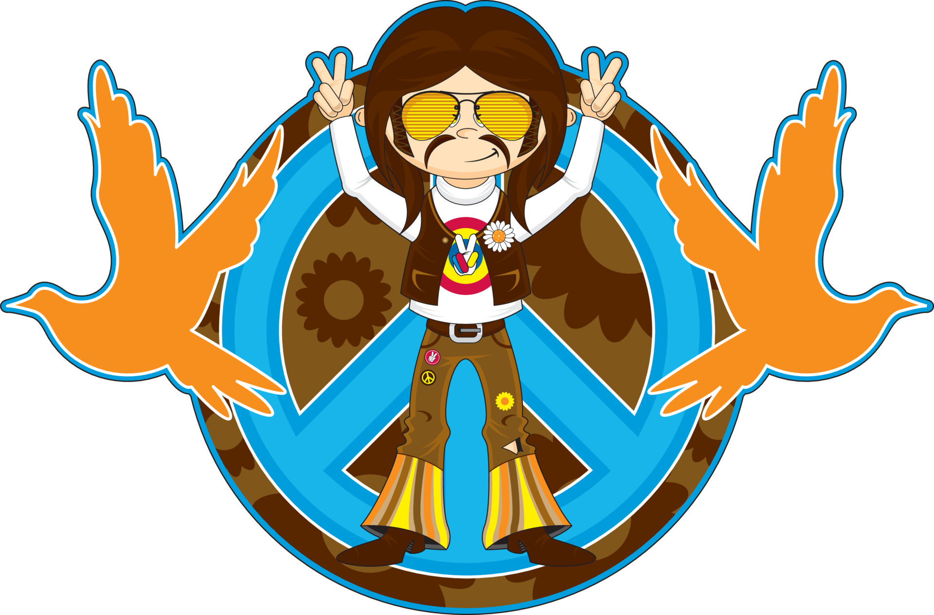 Cartoon Sixties Hippie Character with Peace Doves 21277320 Vector Art at Vecteezy
