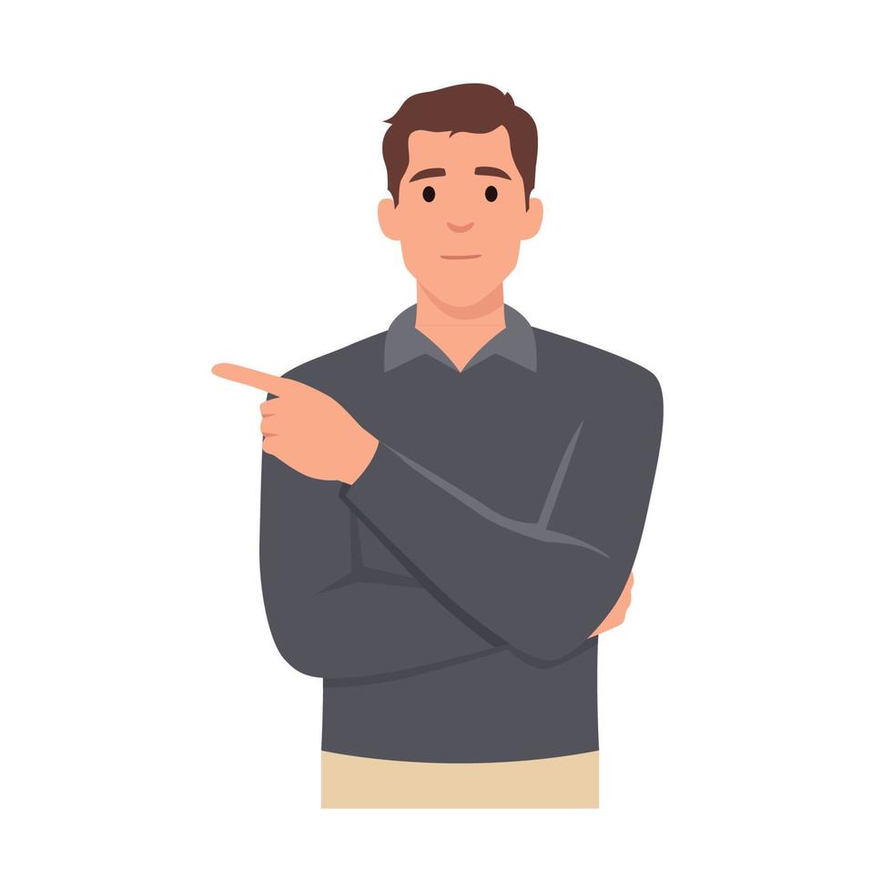 Young man standing looking at camera and pointing with two hands and ...