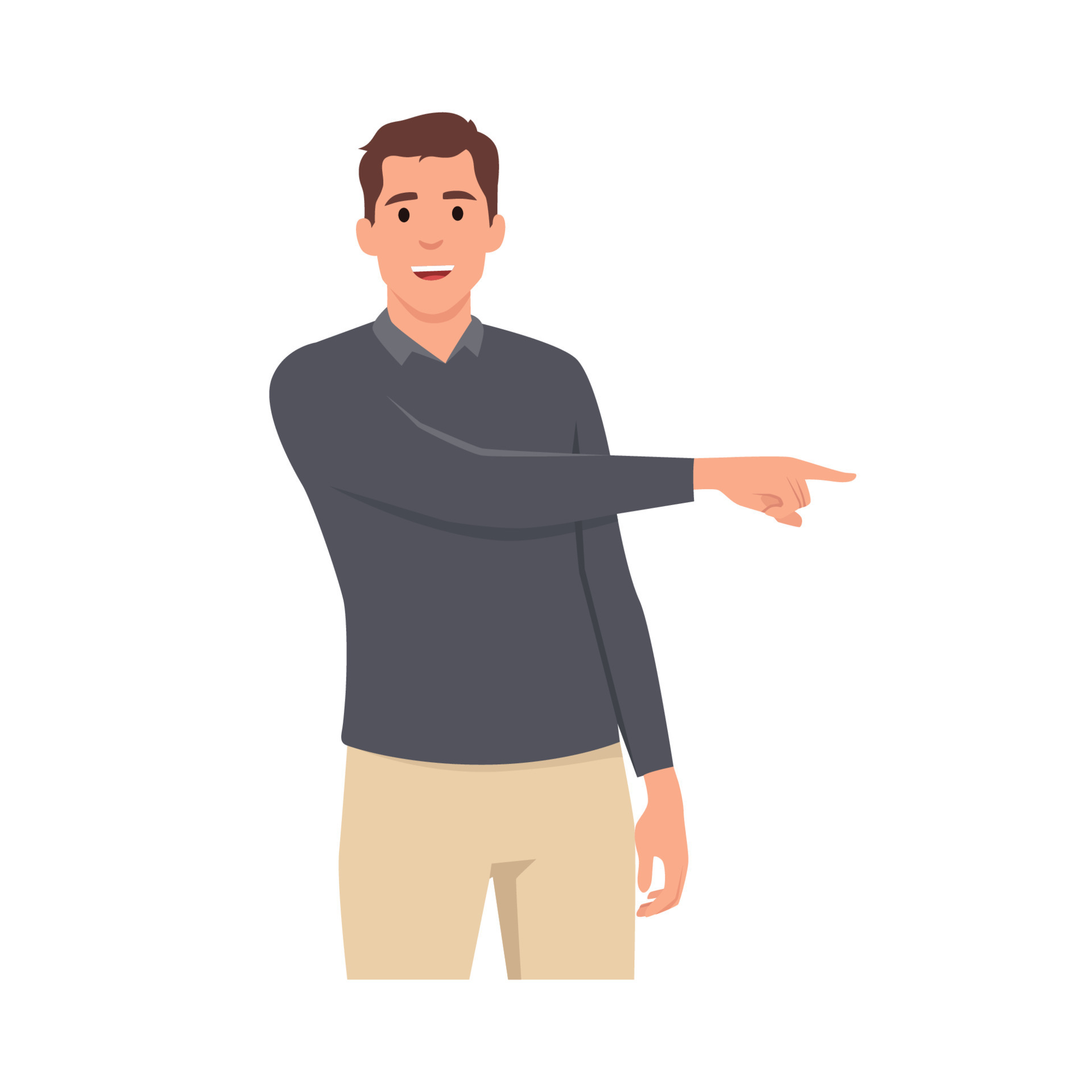 Young man standing looking at camera and pointing with two hands and ...