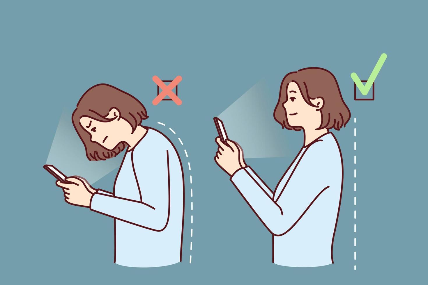 Girl with mobile phone demonstrates correct and incorrect posture while ... Girl with mobile phone demonstrates correct and incorrect posture while ...