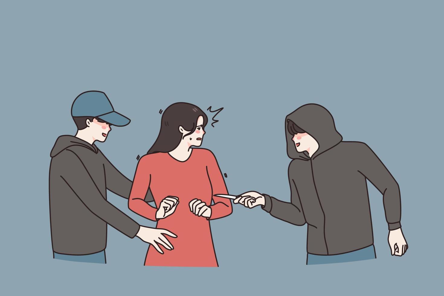 Pareja masculino criminales ataque amenazar asustado joven mujer en calle. hombres Bandidos o ...