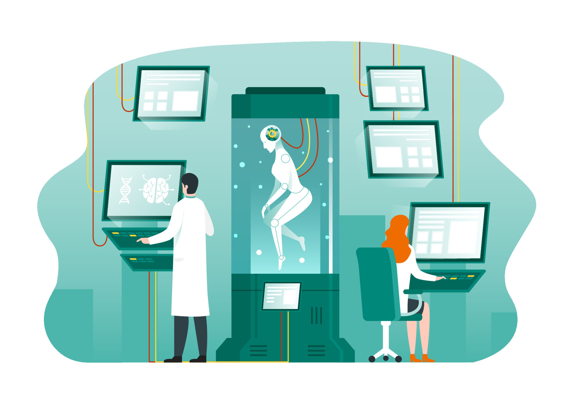 Humanoid robot in science laboratory with scientist working on computer ...