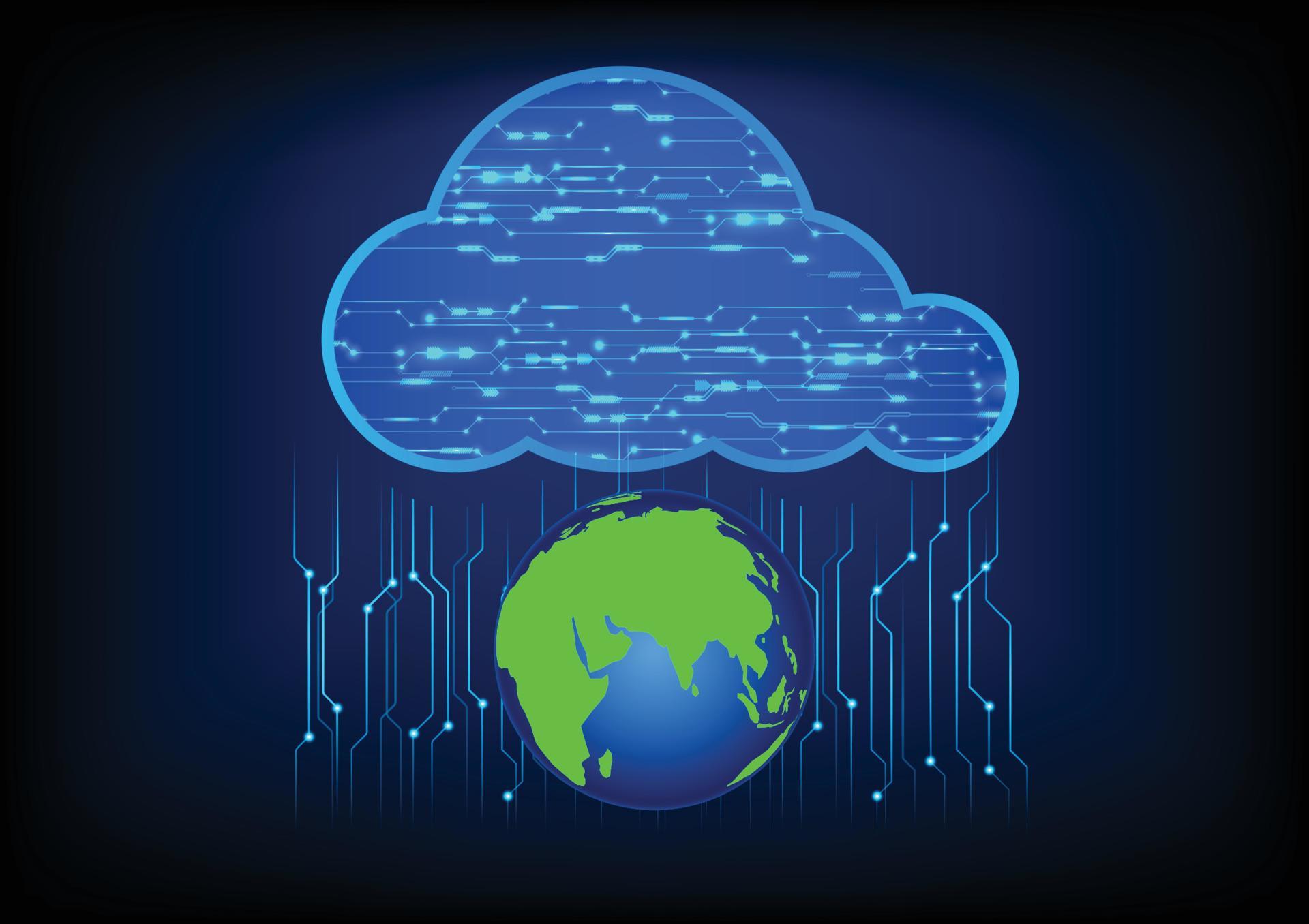 Cloud computing concept with globe and binary code on dark blue ...